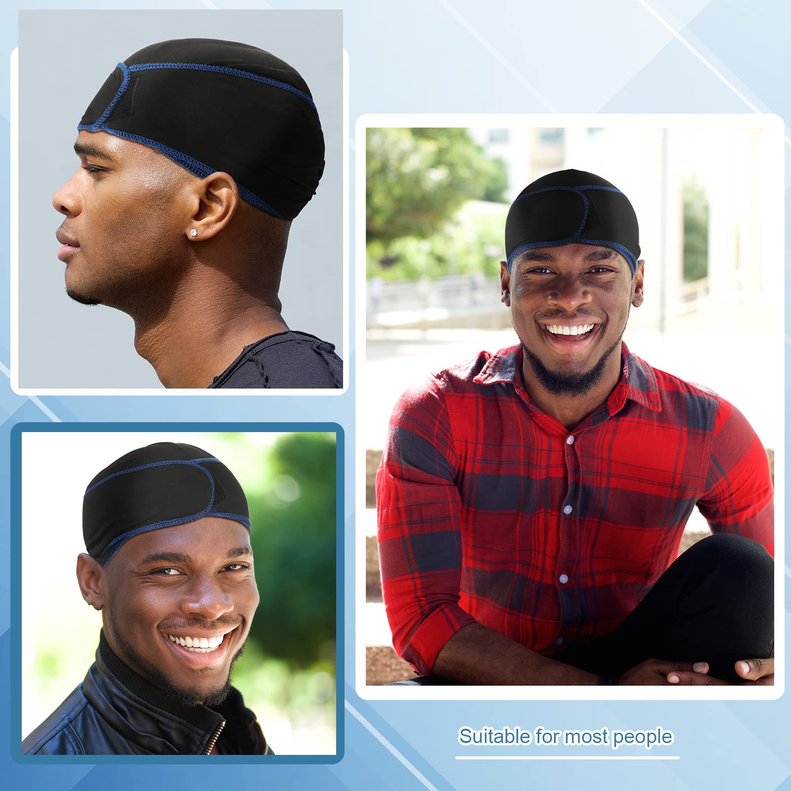 4 Pieces No Strings Snaps Stringless Durag Compressing Cap with Hook and Loop Skull Cap Wave Cap Cooling Helmet Liner Breathable Men Durag Sweat Wicking Durag Cap Cycling Stocking Black for Men Women