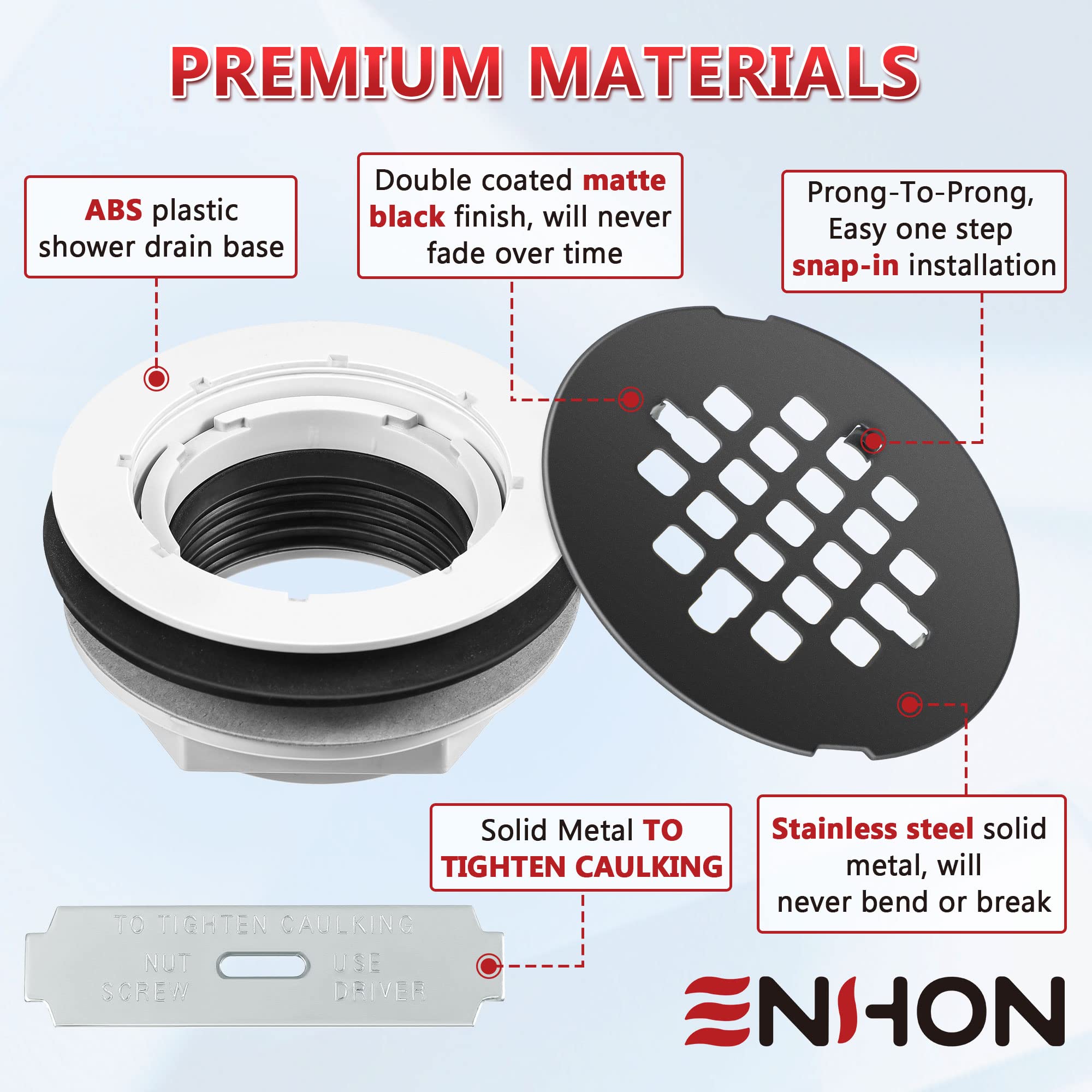 4-1/4" OD Shower Drain Assembly, Snap in Shower Base Drain and Matte Black Round Grid Strainer Cover, Fits 2 in. Schedule 40 ABS and PVC Pipes, Stainless Steel Cap, ABS Drain Base