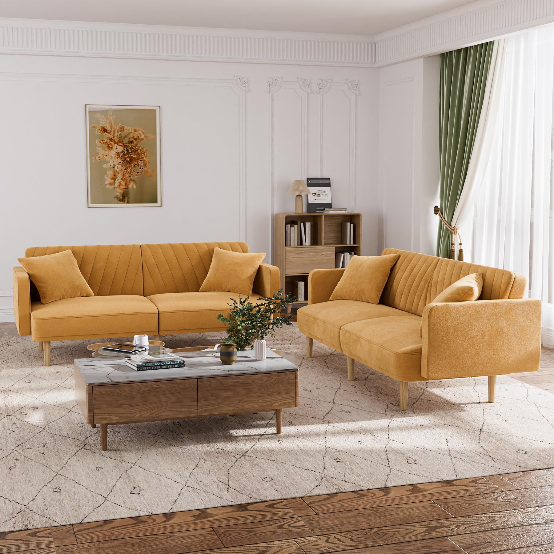 OUYESSIR Futon Sofa Bed, 75.3", Couch, Small Sofa, Sleeper Sofa, Loveseat, Mid Century Modern Velvet Futon Couch with 2 Pillows for Living Room (Yellow Velvet, Futon)