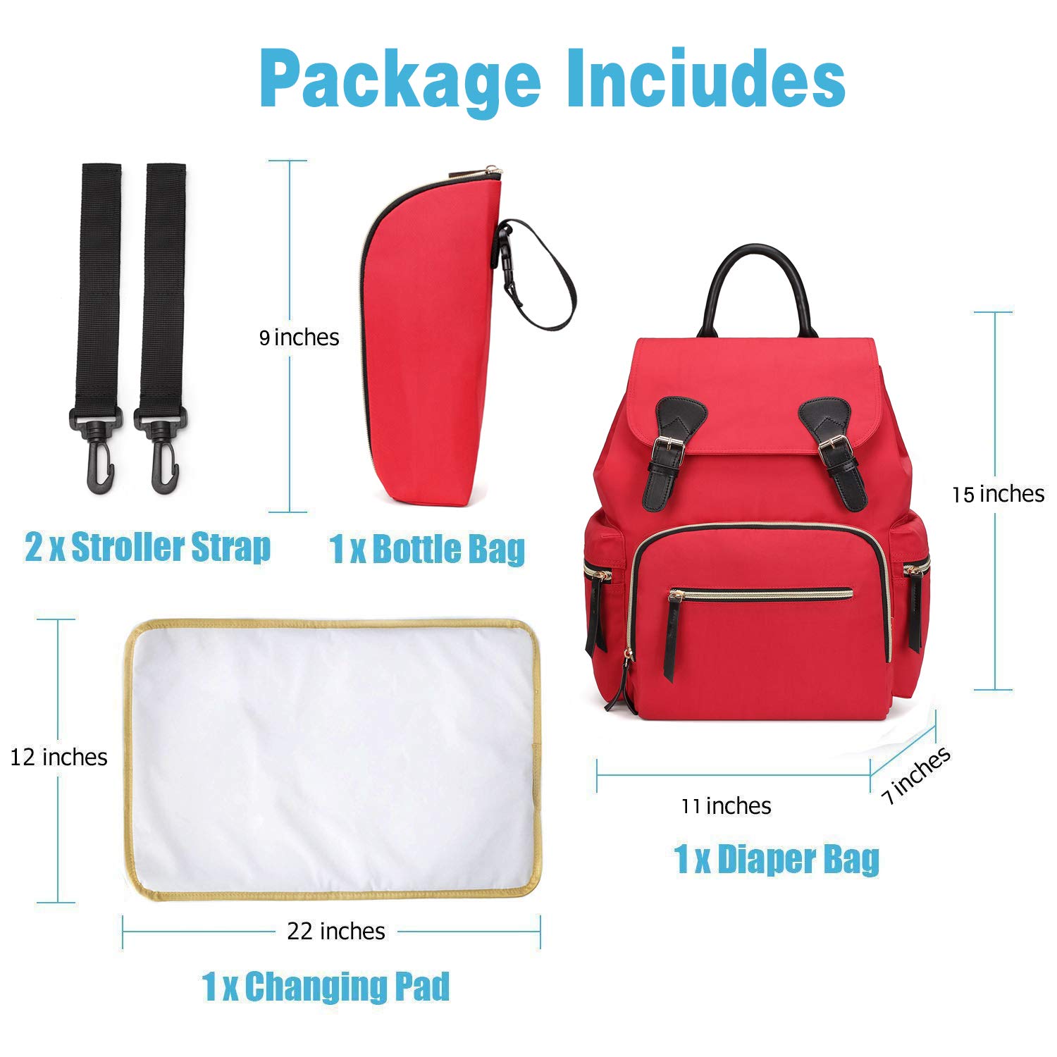 QIMIAOBABY Diaper Backpack, Waterproof Nylon Baby Nappy Storage Bag (Red)