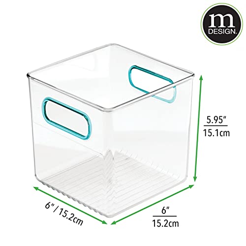 mDesign Plastic Kitchen Pantry Cabinet, Refrigerator or Freezer Food Storage Bins with Handles - Organizer for Fruit, Yogurt, Snacks, Pasta - Food Safe, BPA Free, 6" Cube, 4 Pack - Clear/Blue