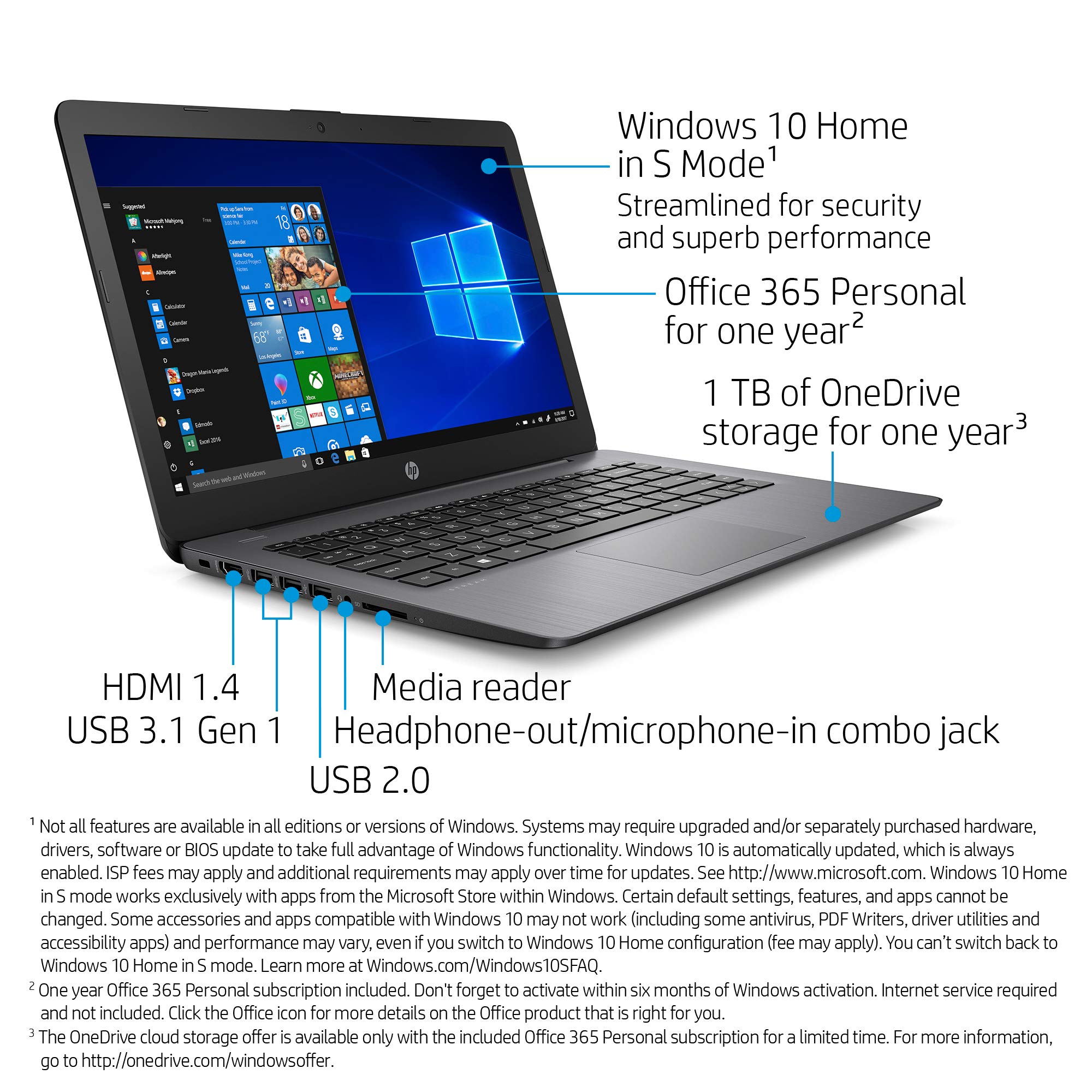 HP Stream 14-inch Laptop, Intel Celeron N4000, 4 GB RAM, 32 GB eMMC, Windows 10 Home in S Mode With Office 365 Personal For 1 Year (14-cb182nr, Brilliant Black) (9MV72UA#ABA)