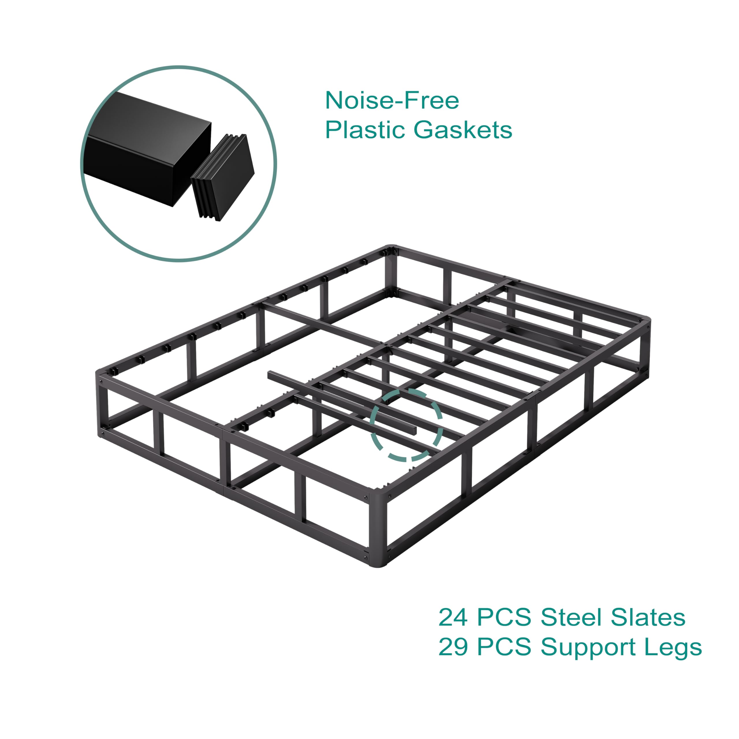 Askeld Bed Frame Queen Size, 4 Inch Metal Queen Box Spring with Fabric Cover, Heavy Duty Platform Frame Low to Floor, 3500 Lbs Weight Capacity Mattress Base, Easy Assembly, Black