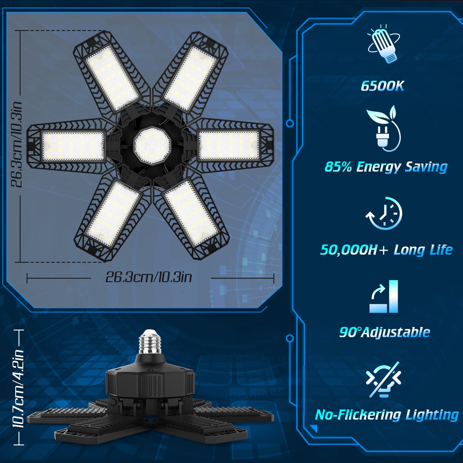 Garage Light Pack - 185W 18500LM 6500K LED Garage Light Garage Lights Ceiling LED with 6+1 Adjustable Panels, LED Garage Ceiling Lights Support E26/E27 for Garage, Barn, Workshop, Basement (8)