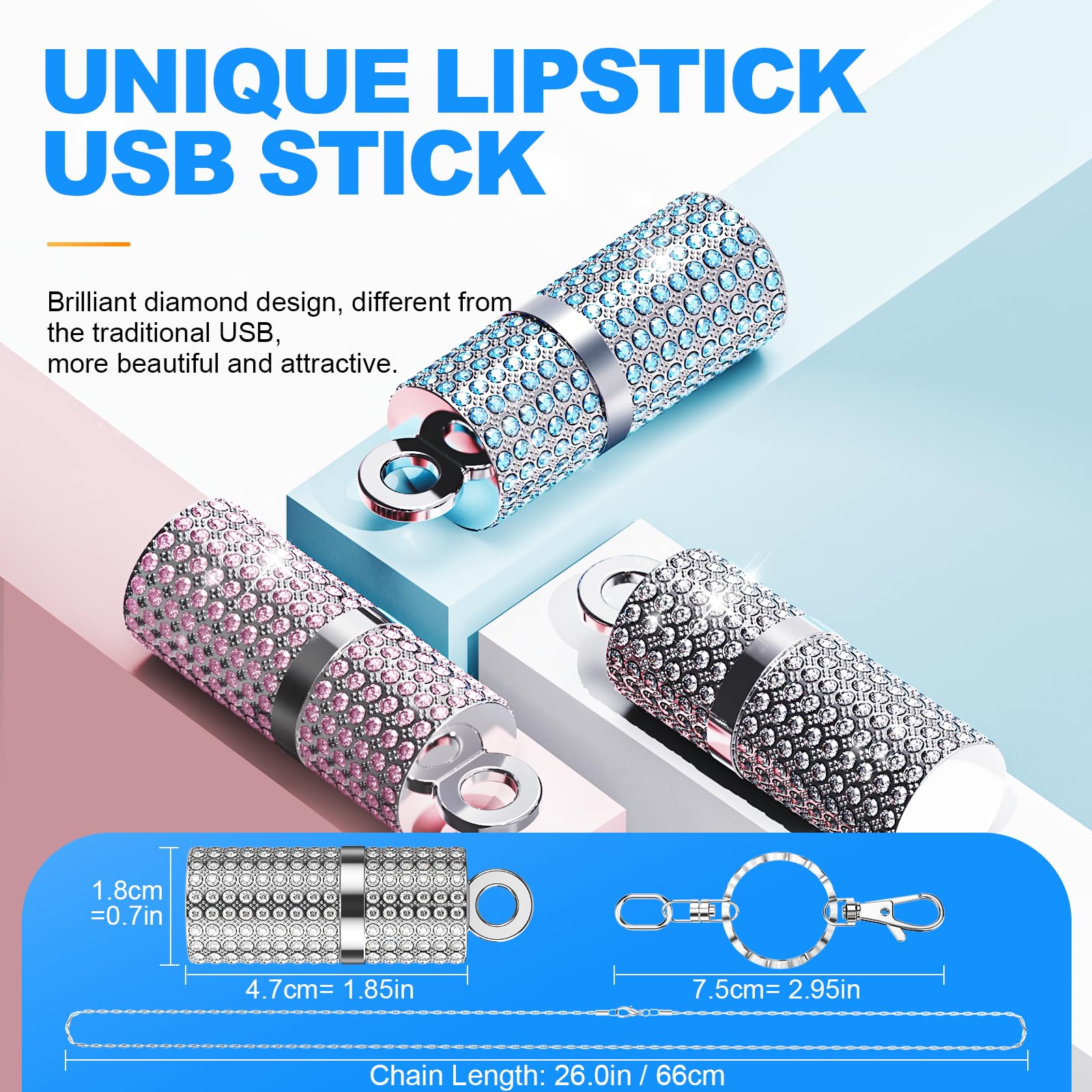 64GB Thumb Drive Necklace USB 3.0 Flash Drive Pink Crystal Jump Drive, Bling Diamond Zip Drive 64 GB Jewelry Pen Drive Creastive Memory Stick, Cute Data Storage Gift by Kepmem