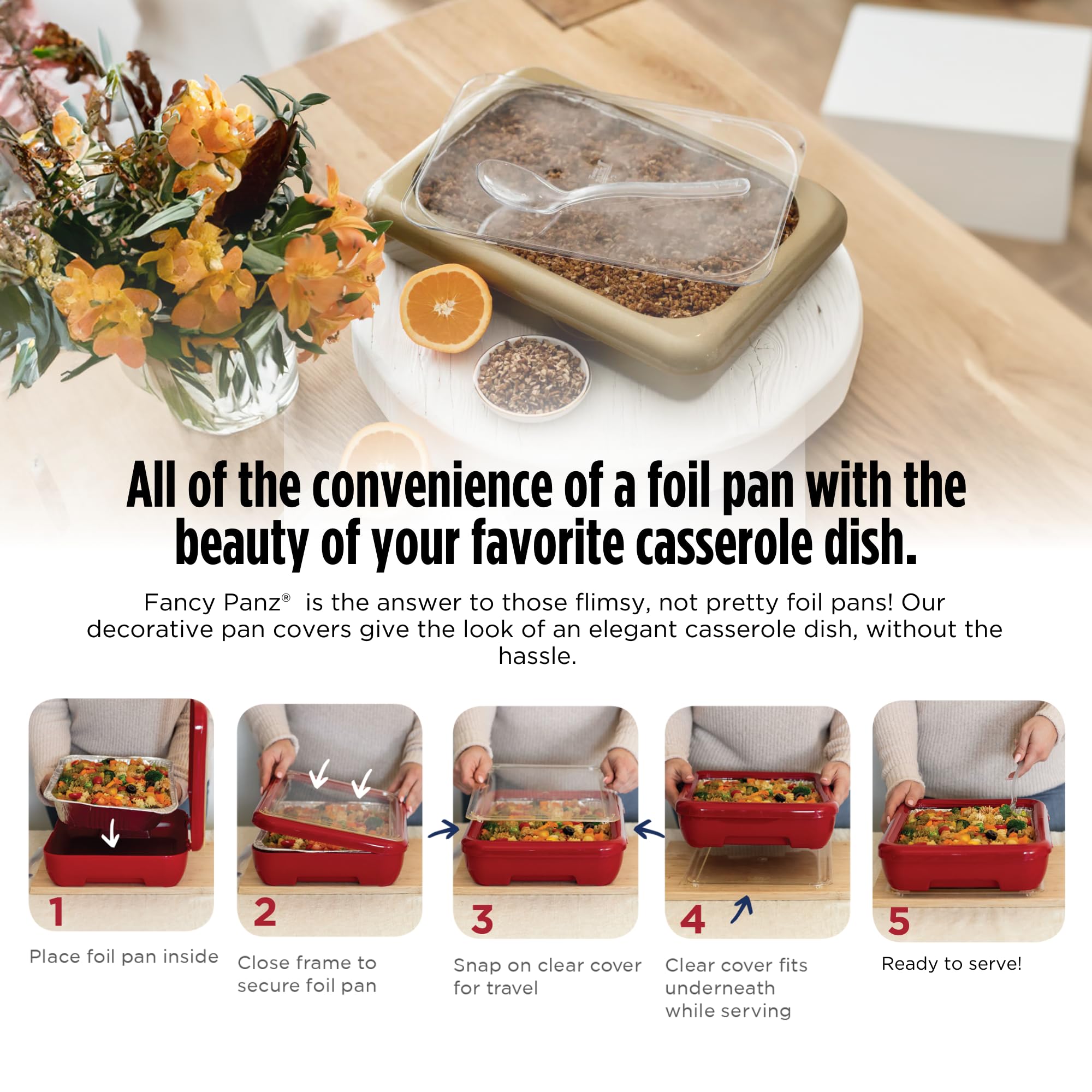 Fancy Panz, Serving Tray for Food, Made in the USA Foil Pan Carrier, Stackable Aluminum Pan Holders, 9x13x2 Cake Pan Travel Casserole Carrier With 1 Disposable Foil Pan & Serving Spoon, Marble