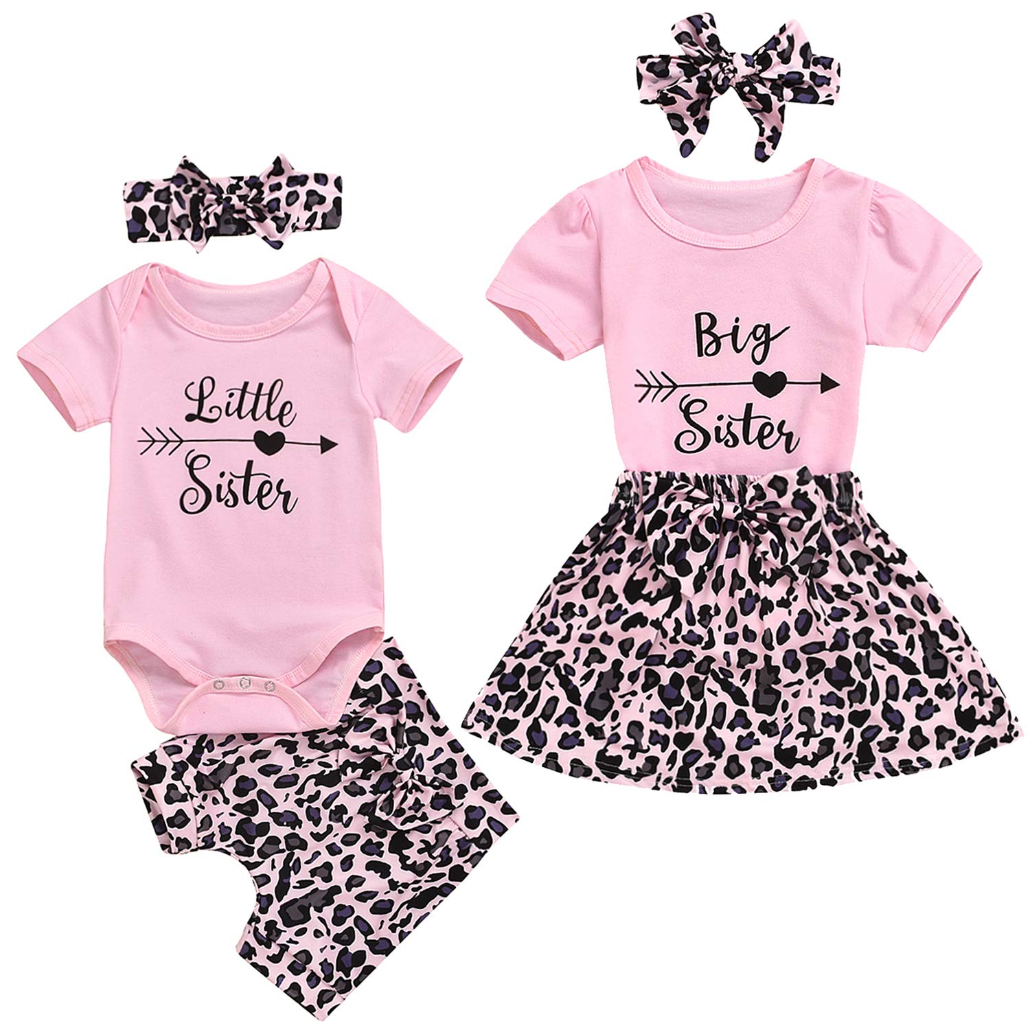 GRNSHTS Baby Girl Sister Matching Clothes Infant Little Sister Short Sleeve Romper+Leopard Shorts+Headband 3Pcs Outfits (Leopard Little Sister, 0-6 Months)