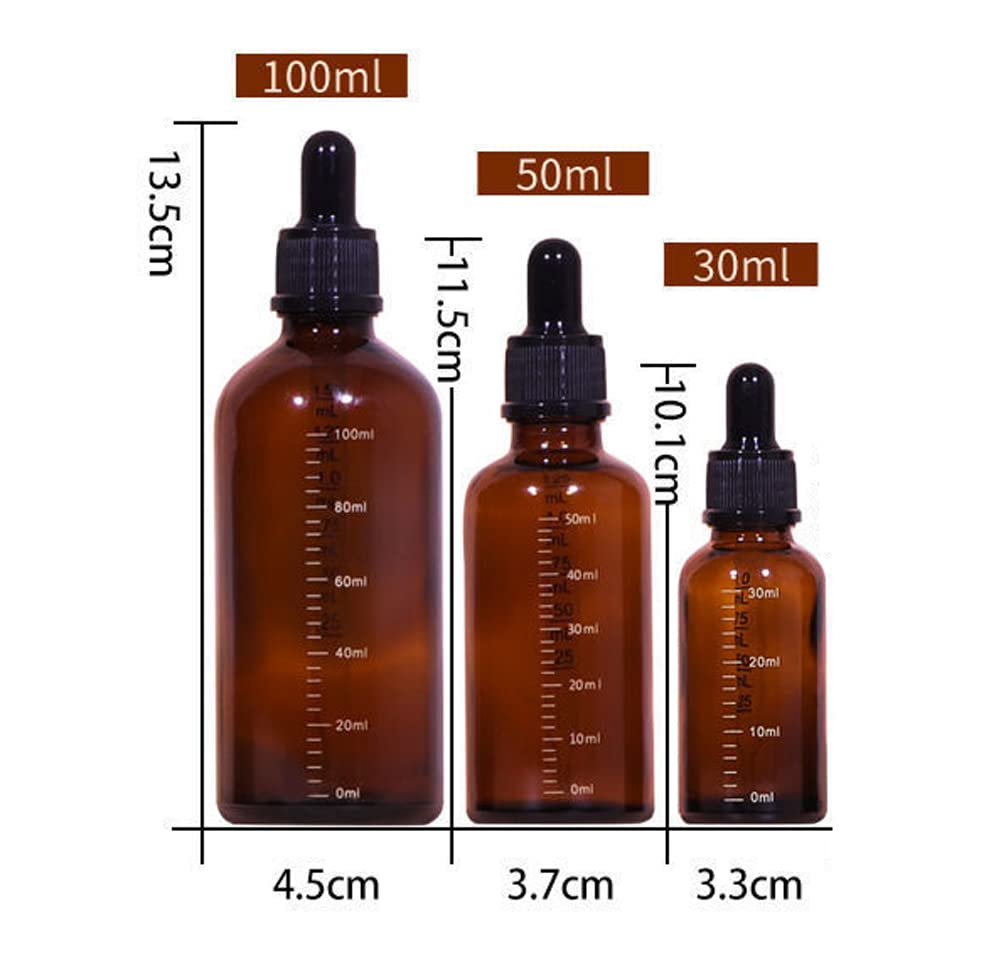 ericotry 3Pcs 100ML /3.4oz Empty Refillable Amber Glass Graduated Dropper Bottle Essential Oil Cosmetics Elite Fluid Container Jar Pot Holder with Glass Pipette Dropper