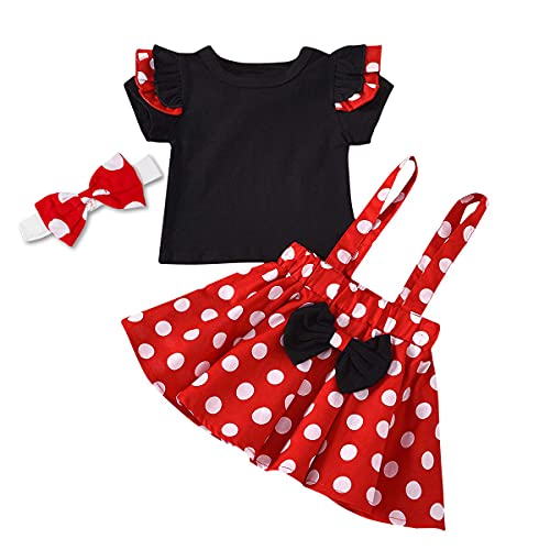 Toddler Baby Girls Outfits Infant Baby Skirt Set Ruffle Short Sleeve Top Polka Dot Suspender Skirt Set with Headband Clothes Set (Red, 6-12M)