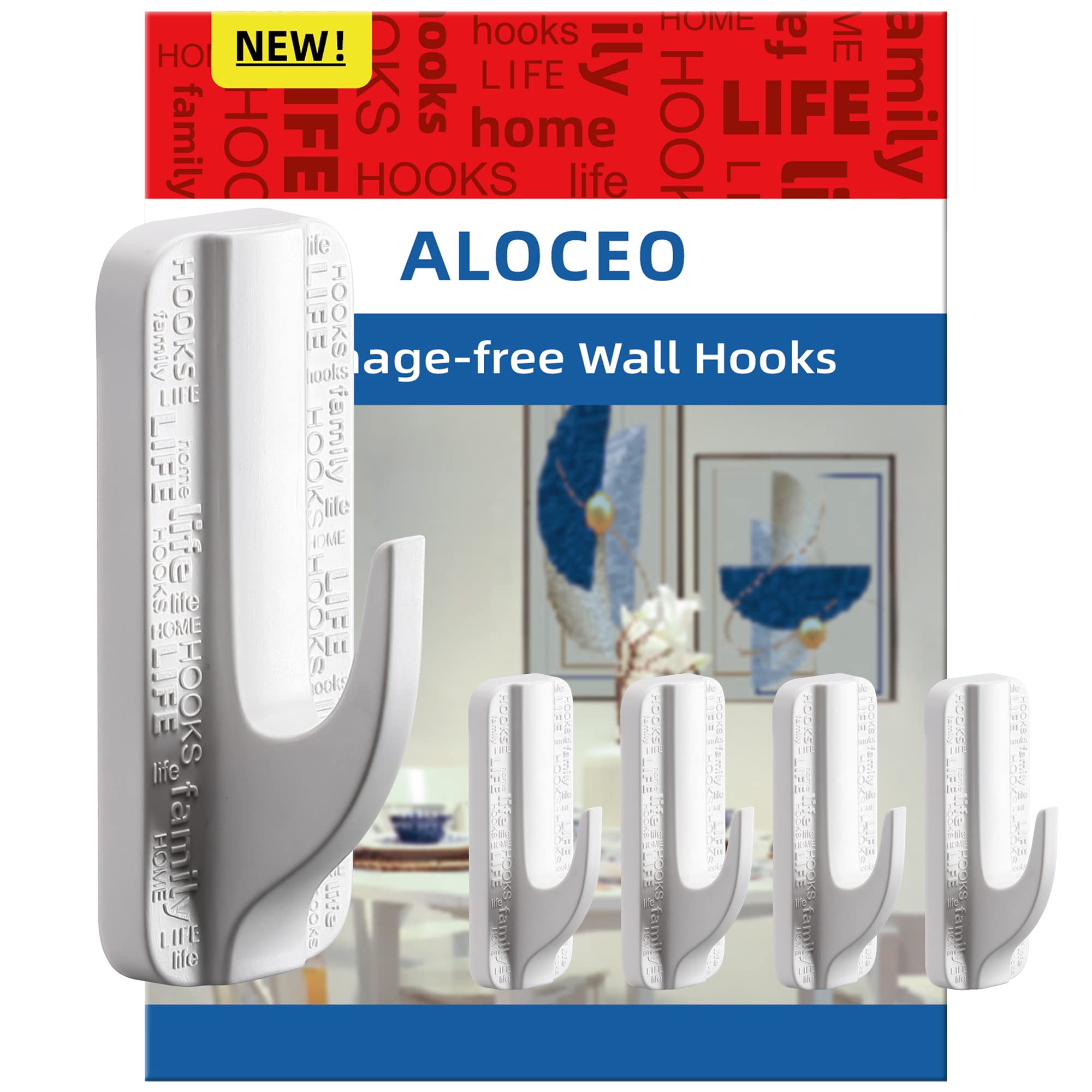 ALOCEO Wall Sticky Hooks for Hanging Shower Hooks for Bathroom Kitchen Office Closet, 5 Pack 6 Adhesive Strips, White