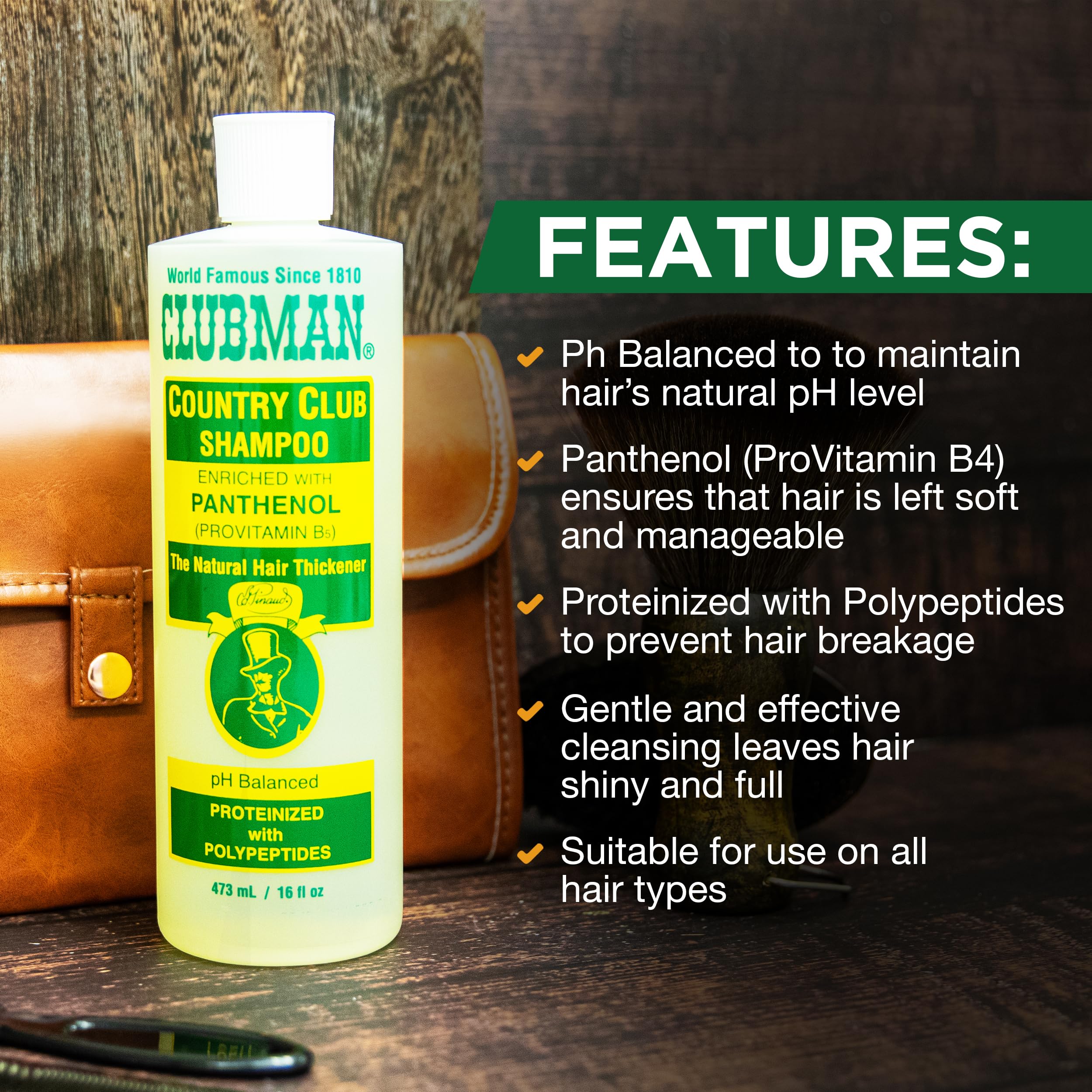 Clubman Country Club Shampoo, Enriched with Panthenol, The Natural Hair Thickener, pH Balanced, Proteinized with Polypeptides, 16 fl. oz.