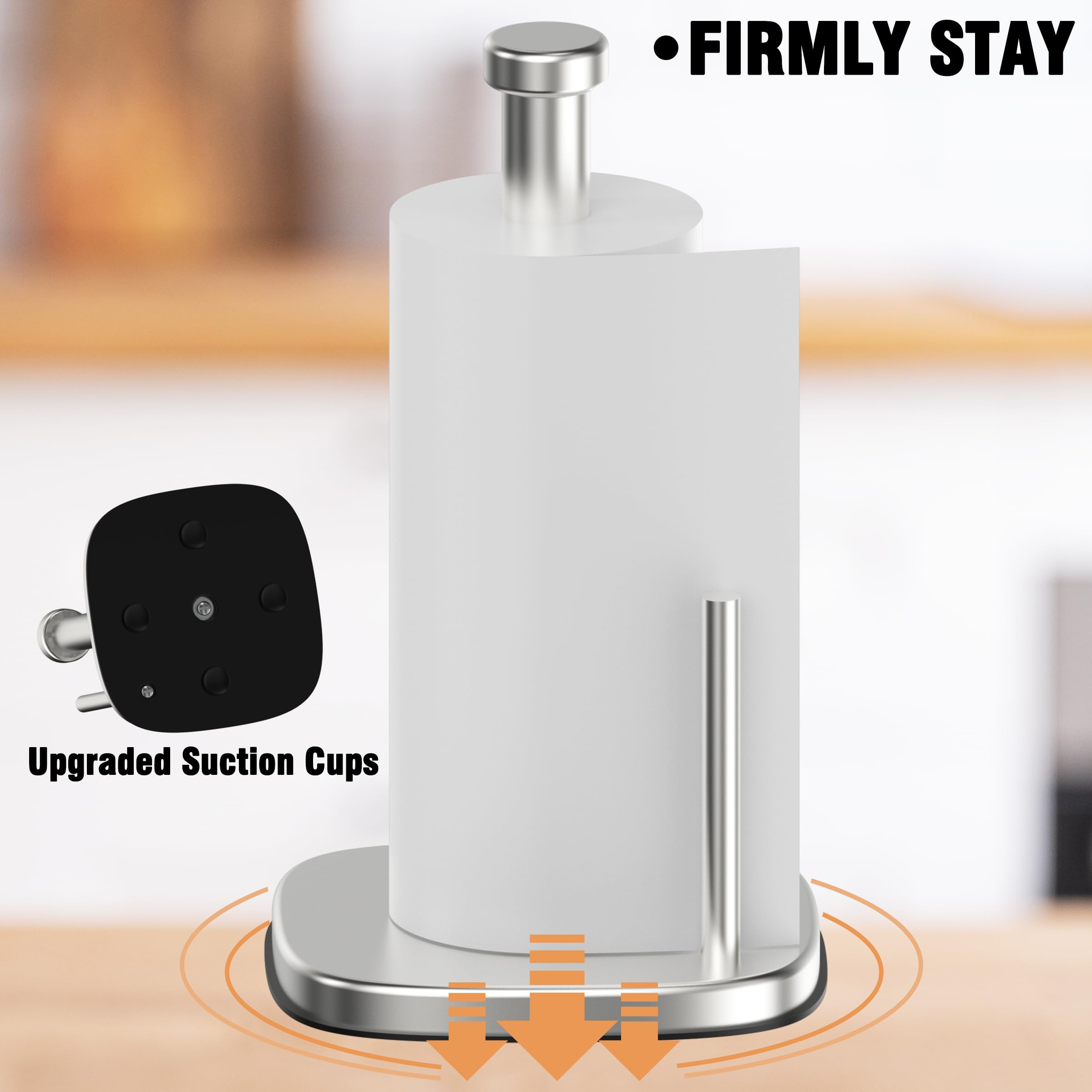 MIROAMZ Paper Towel Holder Countertop, Standing Paper Towel Roll Holder for Kitchen Bathroom Organize, Stand with Weighted Base Suction Cups, Stainless Steel One-Handed Operation (Brushed Nickel)
