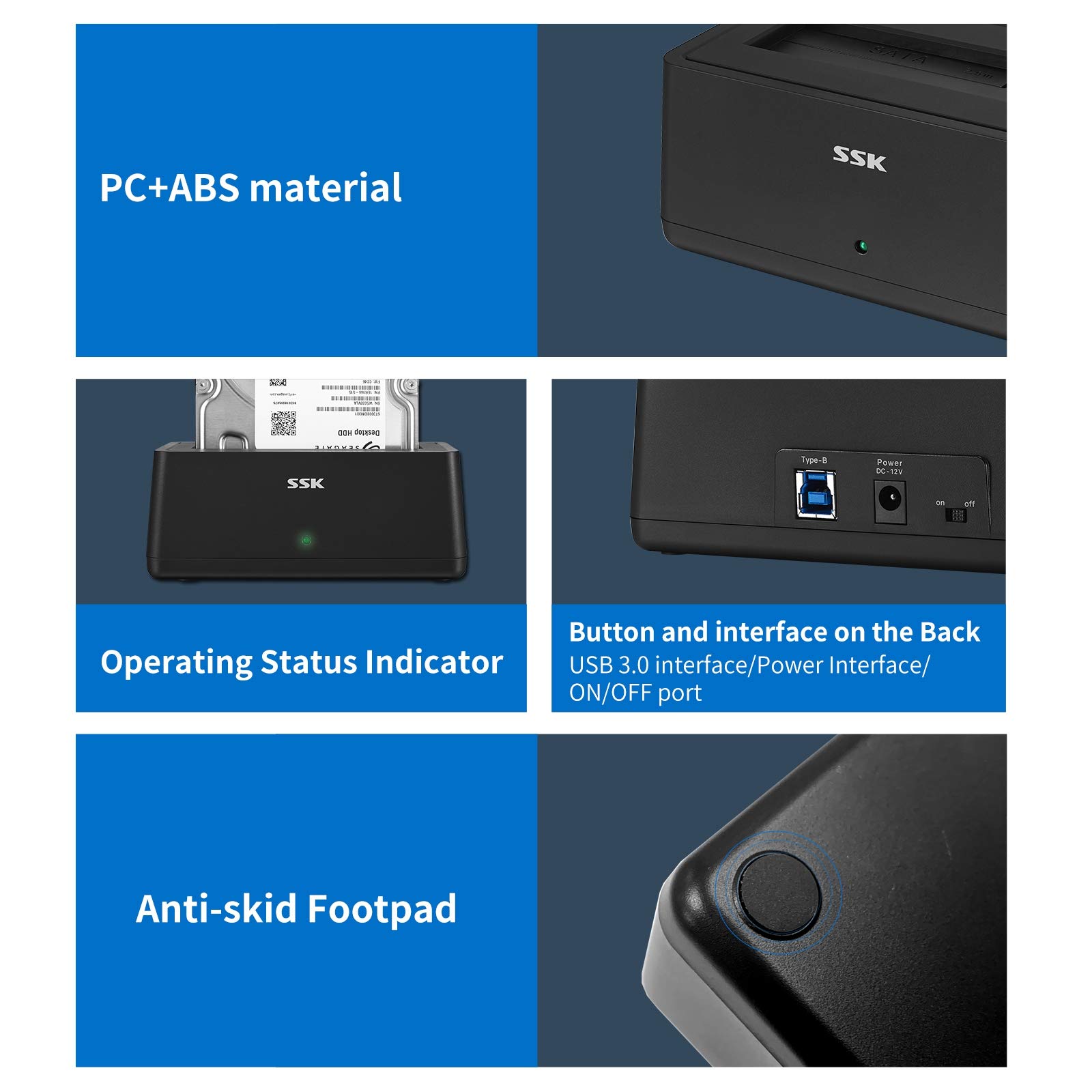 SSK USB 3.0 to SATA External Hard Drive Docking Station Enclosure Adapter for 2.5 & 3.5 Inch HDD SSD SATA, super speed up to 5Gbps, Support UASP no drivers needed(20TB Supports)