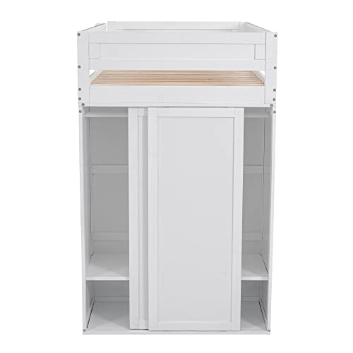BIADNBZ Twin Size Wood Loft Bed with Desk and Wardrobe, 2 Drawers, Wooden High Loftbed Frame w/A Open Storage Cabinet, for Kids Teens Bedroom Dorm, White