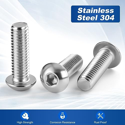 M6-1.0 x 16mm Button Head Socket Cap Screws Bolts, Stainless Steel 18-8 (304), Bright Finish, Fully Threaded, 50 PCS