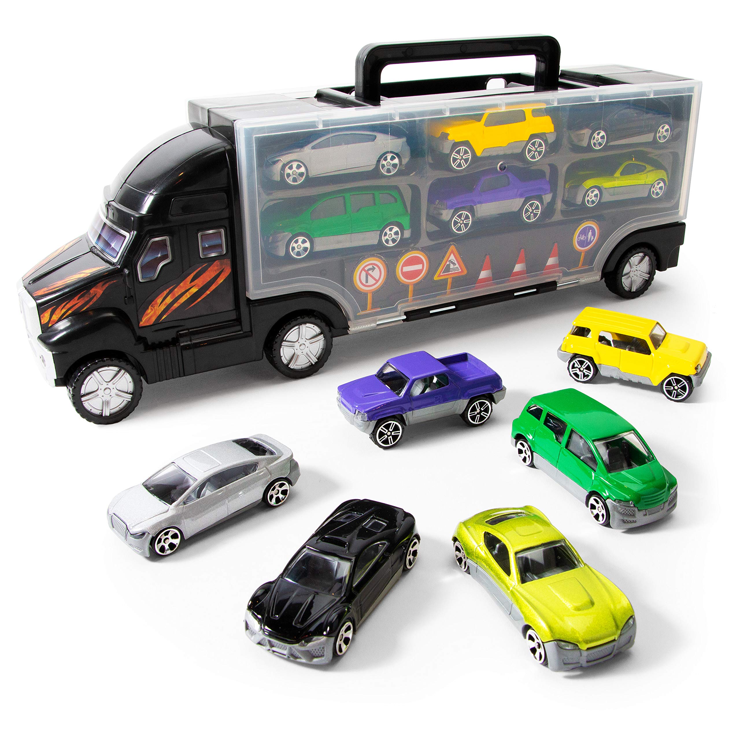 Boley Die Cast Car Truck Carrier - 14 Piece Toy Trucks, Cars, and Traffic Signs Playset for Kids and Toddler Boys and Girls Ages 3 and Up