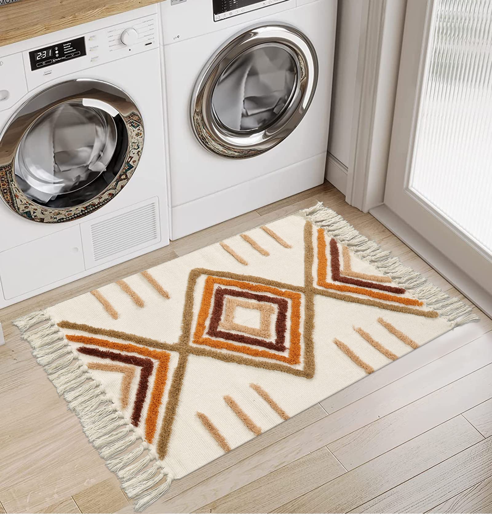 Uphome Small Bathroom Rug 2'x3' Hand-Woven Washable Front Entryway Rug with Tassels, Beige Soft Cotton Diamond Tufted Kitchen Mat Colorful Farmhouse Geometric Throw Rug for Bedroom Foyer Laundry