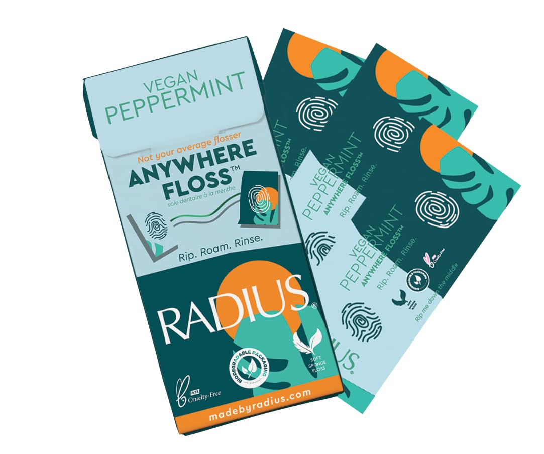 RADIUS Vegan Peppermint Anywhere Floss Travel Dental Floss for Oral Care Boost Non Toxic Tooth & Gum Protection (20 Single Use Flossers per Pack) - Pack of 3