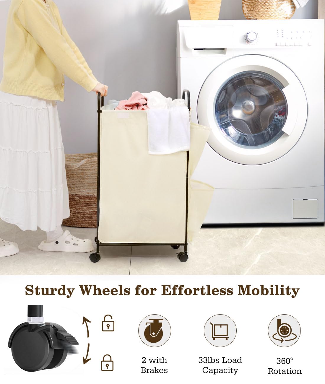 Luxspire 75L Slim Laundry Hamper with Wheels, Rolling Laundry Basket with Lid, Removable Clothes Hamper with Metal Frame, Narrow Laundry Hamper for Dorm, Bedroom, Nursery, Closet, Small, Beige