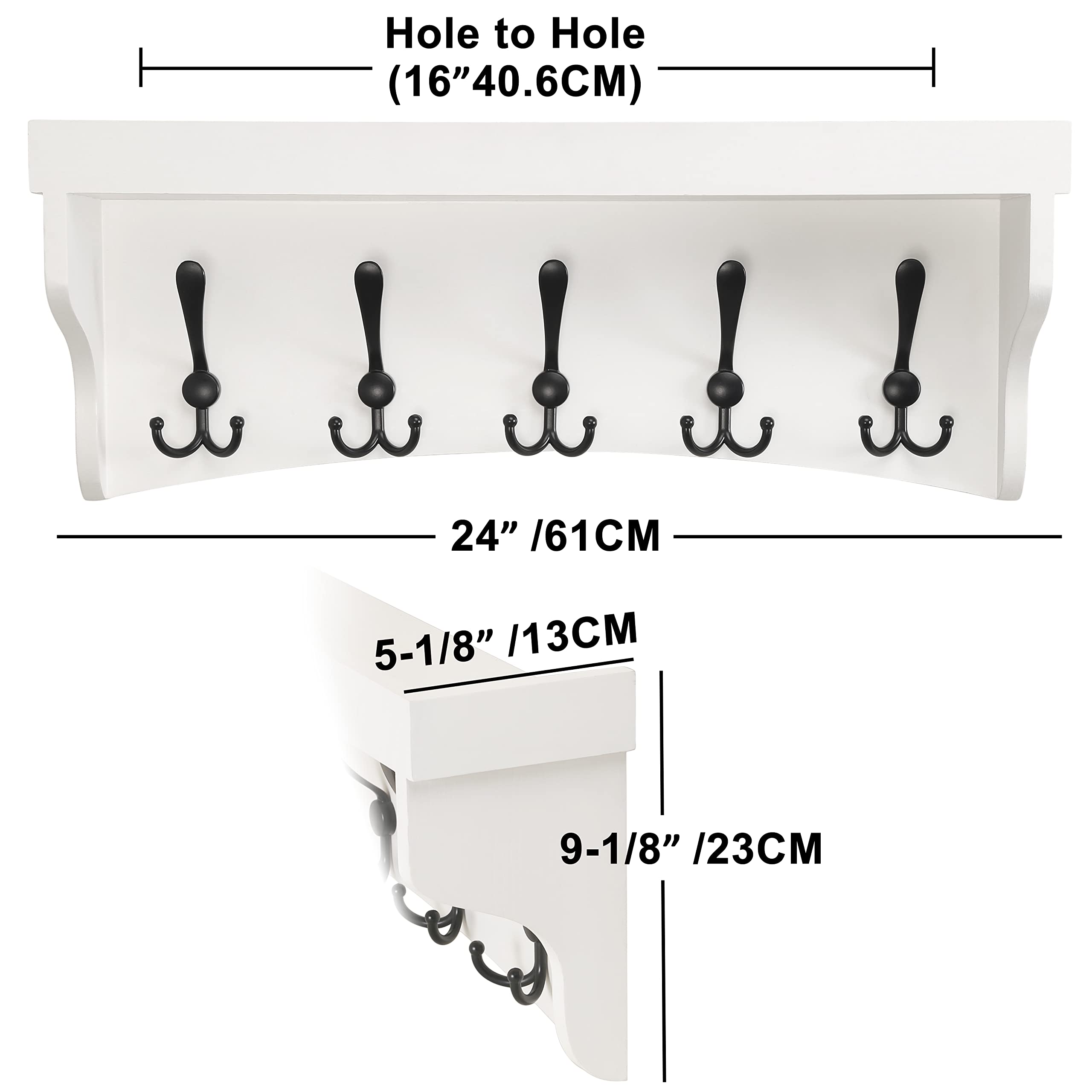 Dseap Coat Rack Wall Mounted Shelf with 5 Tri Hooks 24-Inch Heavy Duty Wood Entryway Shelf with Hooks, Coat Hanger Shelf, White & Black