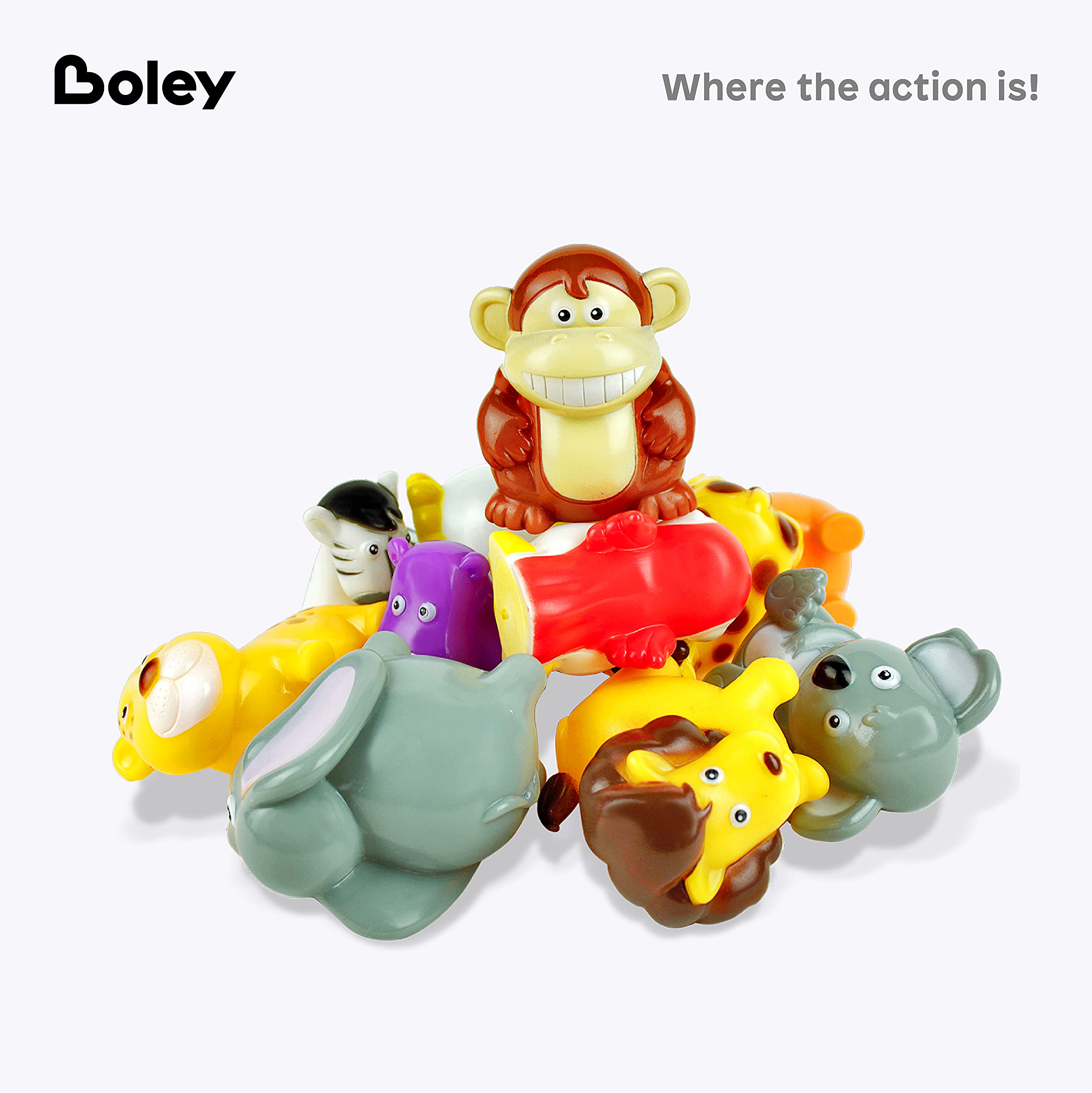 Boley Safari Animals Bath Toy Bucket - 12 Pc Set of Pool & Bath Toys for Toddlers - Educational & Safe Plastic Figures for Ages 2+ - Fun and Durable Jungle Animal Playset in Storage Container