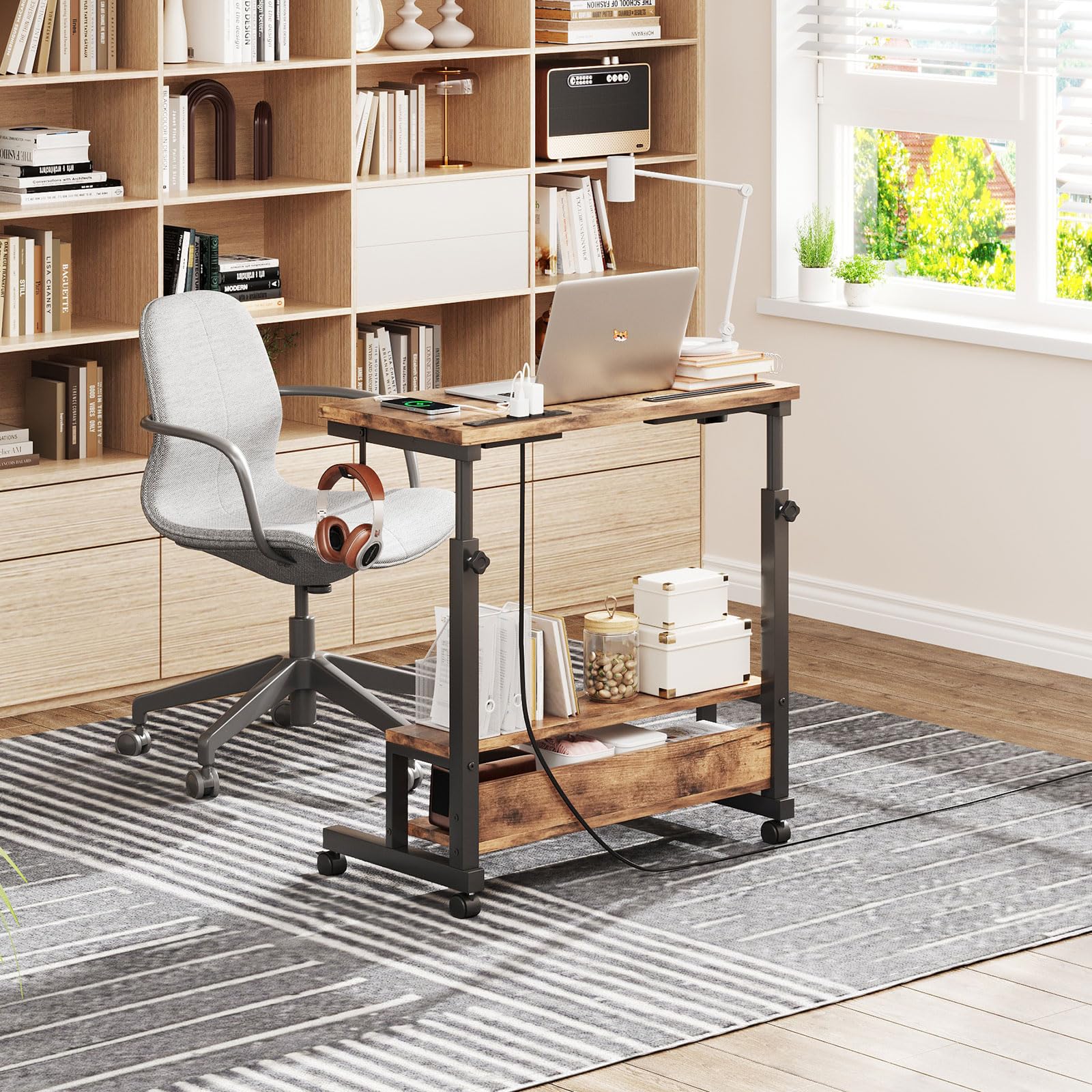 32 Inch Standing Desk with Power Outlets, Manual Stand Up Desk with Wheels, Small Mobile Rolling Computer Desk Laptop Table with Adjustable Height for Home Office, Black
