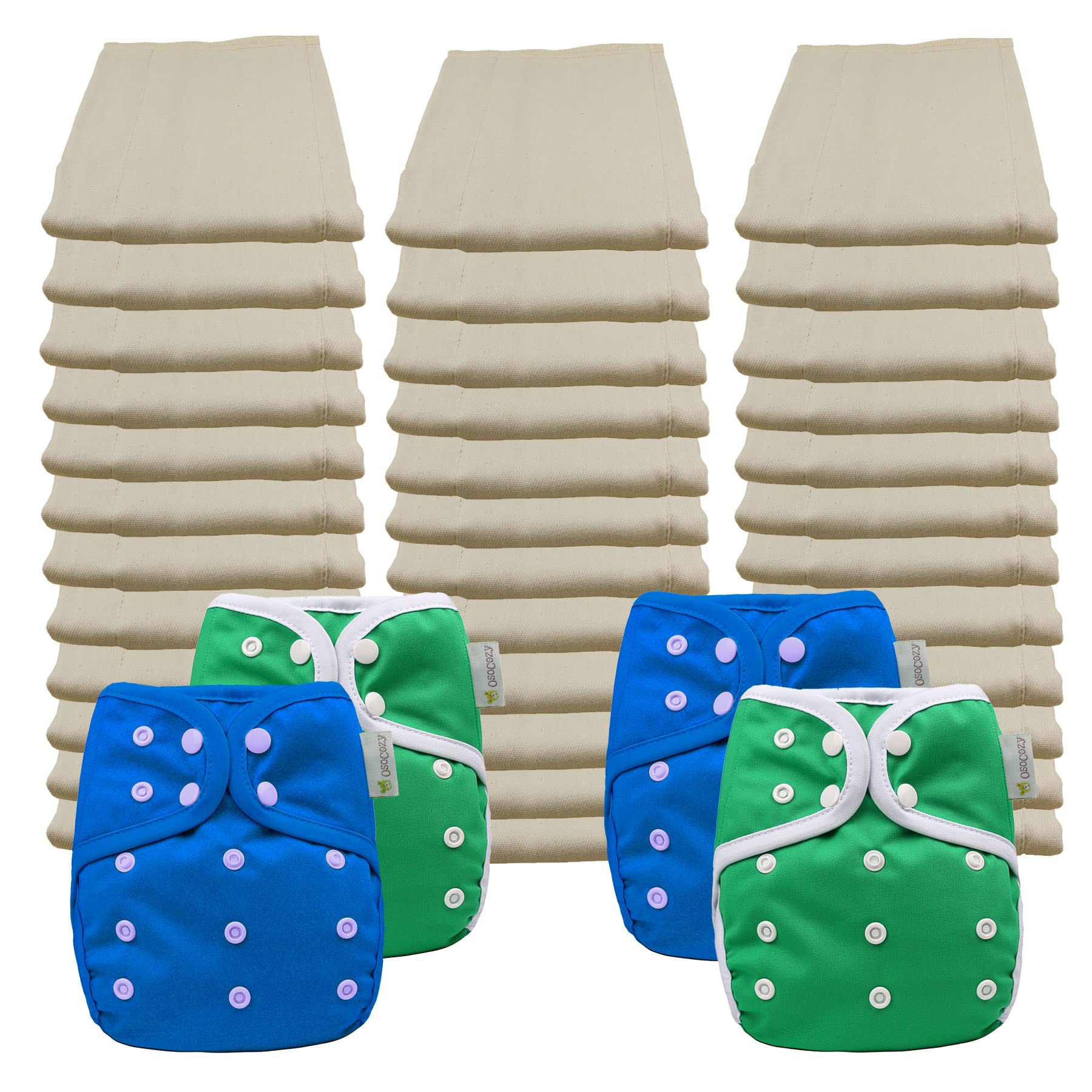 OsoCozy Economy Prefold Cloth Diaper Package - 3 Dozen Infant 4x8x4 Unbleached 100% Cotton Prefold Diapers (7-15 lbs) & 4 One-Size Diaper Covers (2 Blueberry and 2 Green)