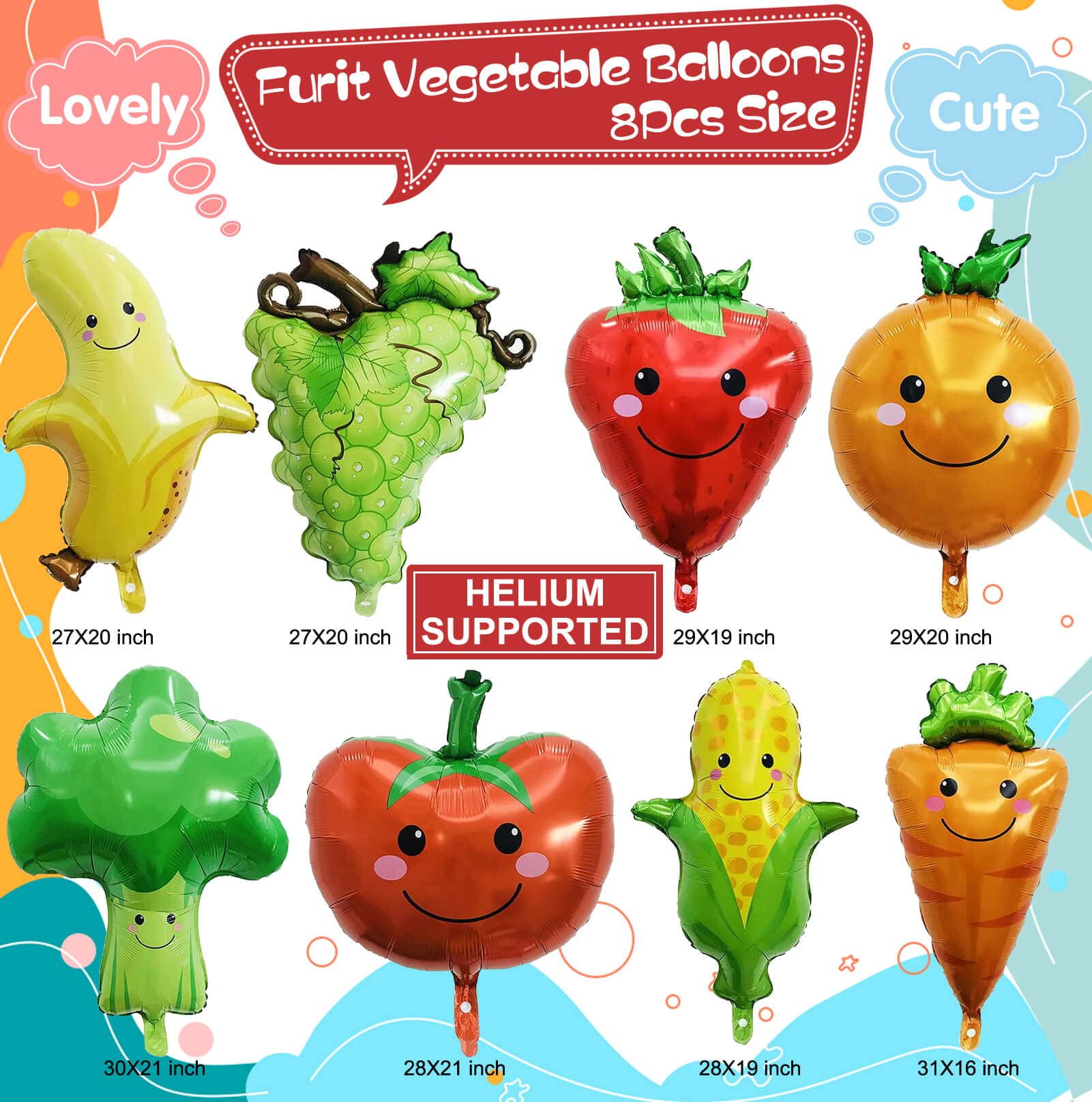 8 Pack Gaint Fruit Vegetable Foil Balloons Cute Helium Mylar Strawberry Grape Banana Orange Corn Carrot Tomato Broccoli Balloons for Theme Birthday Party Decorations Supplies