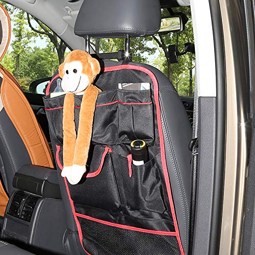 Durapower AM25-1625-GM Premium Backseat Organizer for Kids,Waterproof and Stain Resistant Kick Mats Back Seat Protector, Durable Backseat Car Organizer with Large Storage, Kick Mat, Black Red