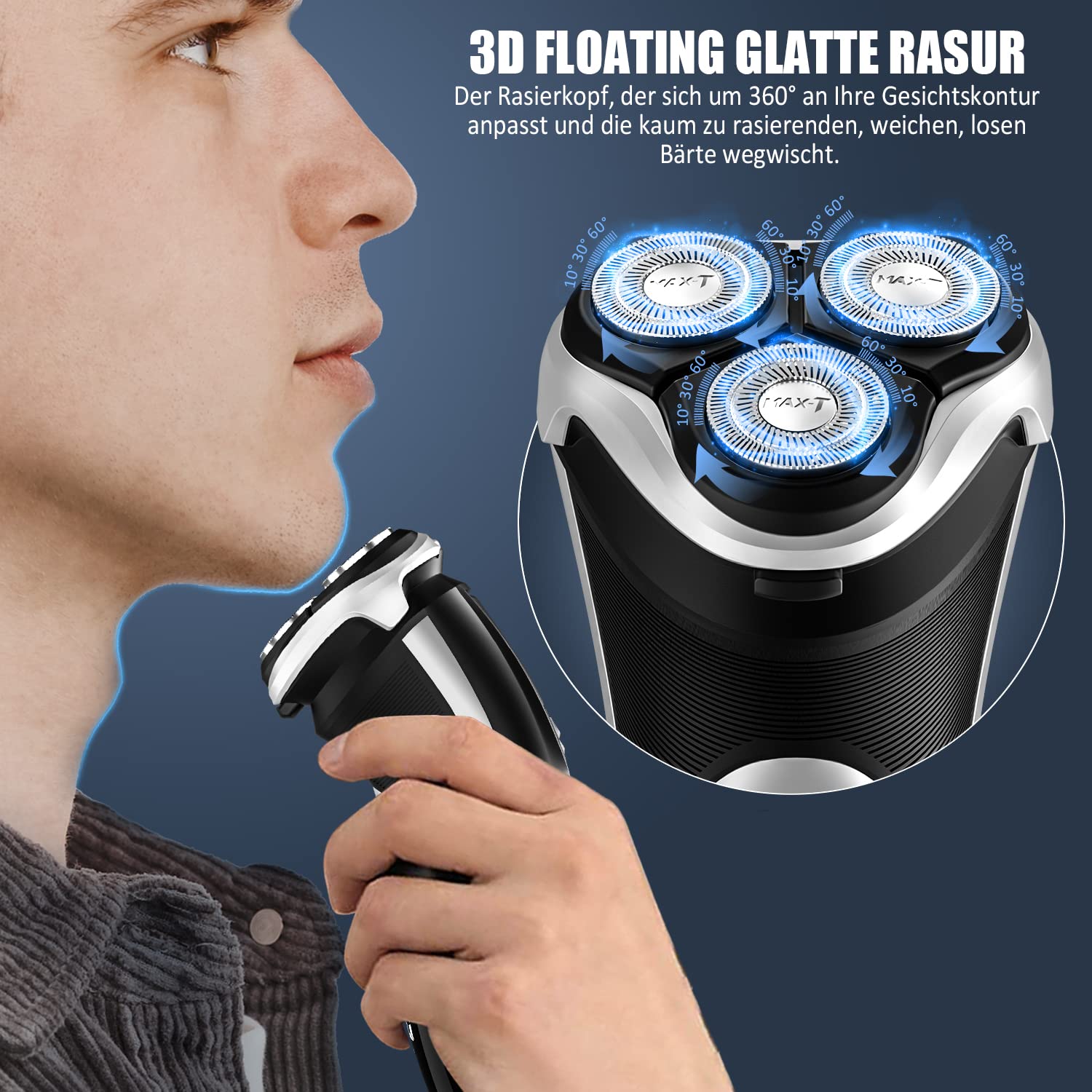 Electric Shaver for Men, MAX-T Quick Rechargeable Electric Razor Wet Dry Rotary Shaver with Pop Up Trimmer and LED Display, IPX7 100% Waterproof (8101 with Adapter Charger)