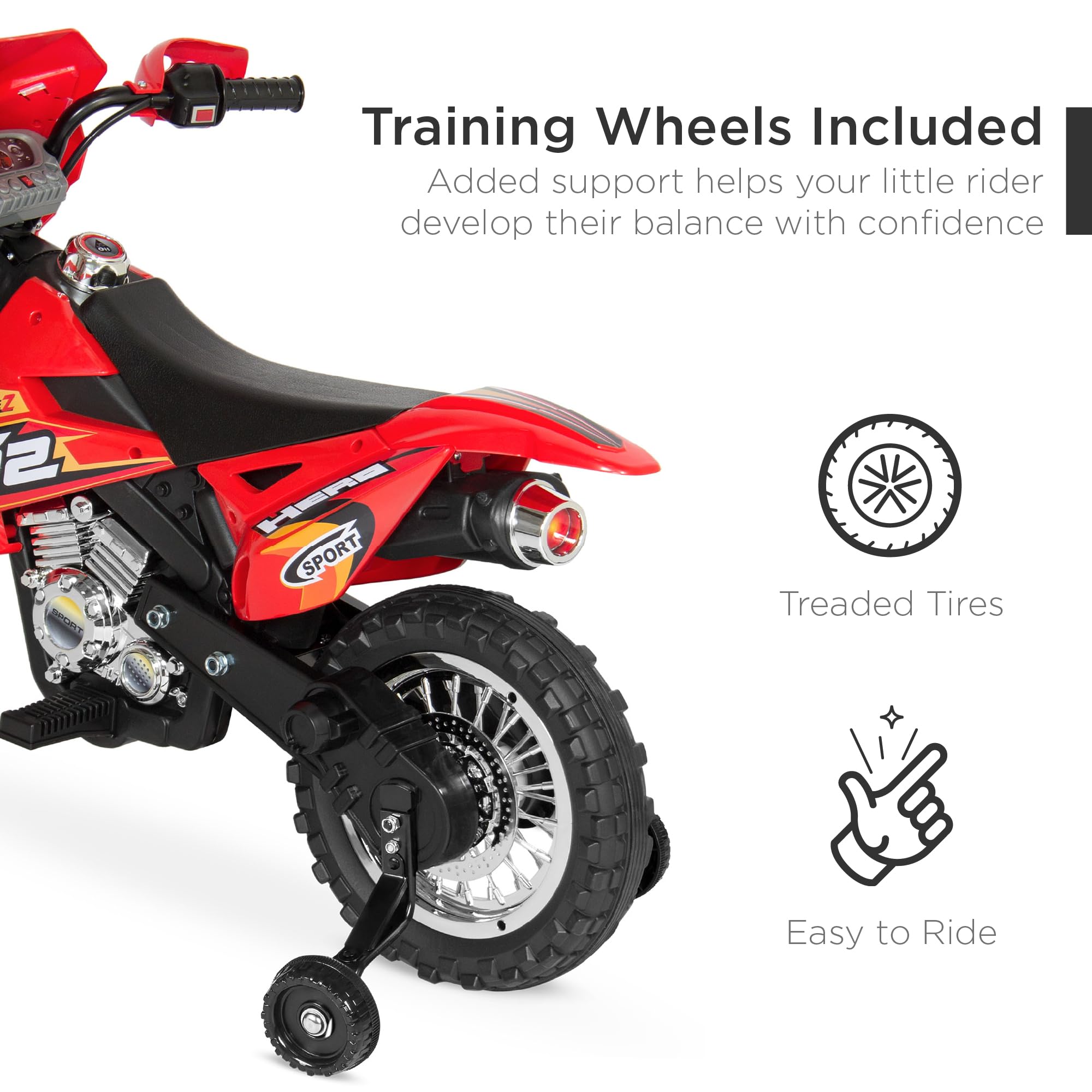 Best Choice Products Kids 6V Ride On Motorcycle w/Treaded Tires, Working Headlights, 2mph Top Speed, Training Wheels, Realistic Sounds, Music, Battery Charger - Red