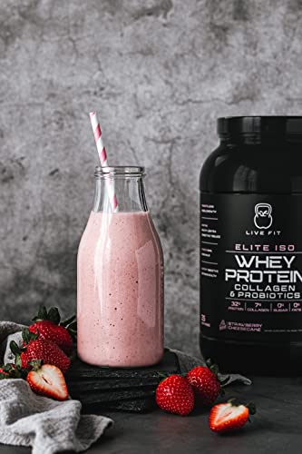 LIVE FIT Whey Protein Isolate Powder,32g of Protein, Collagen, Probiotics, Strawberry Cheesecake,100% Grassfed Whey Protein, Keto Friendly, Sugar-Free, Great for Post-Workout,1.5g Net Carbs
