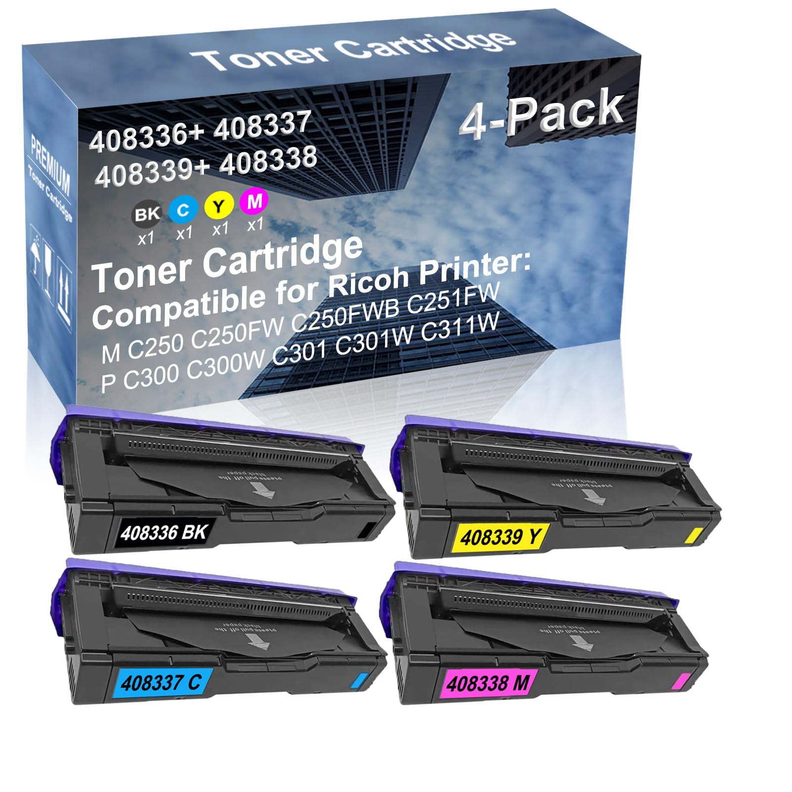 4-Pack (BK+C+Y+M) Compatible High Yield 408336+ 408337+ 408339+ 408338 Laser Printer Toner Cartridge used for Ricoh P C300 C300W C301 C301W C311W Printer