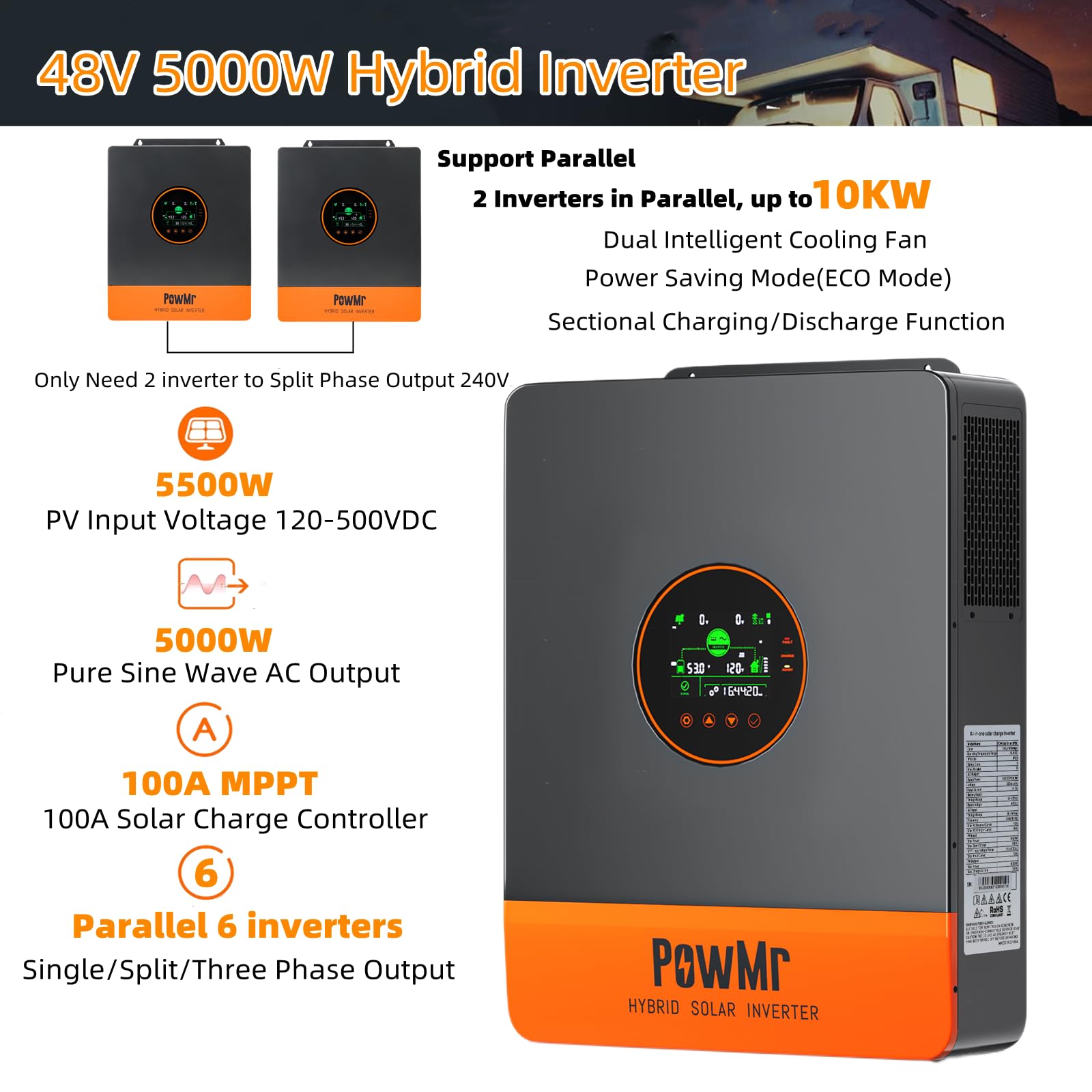 5000W 48V Off-Grid Solar Inverter 110V/120V/240V Split Phase Pure Sine Wave Power Inverter with 100A MPPT Controller Hybrid Inverter, Max.PV Input 5500W, 500VDC, Support Parallel 6 inverters