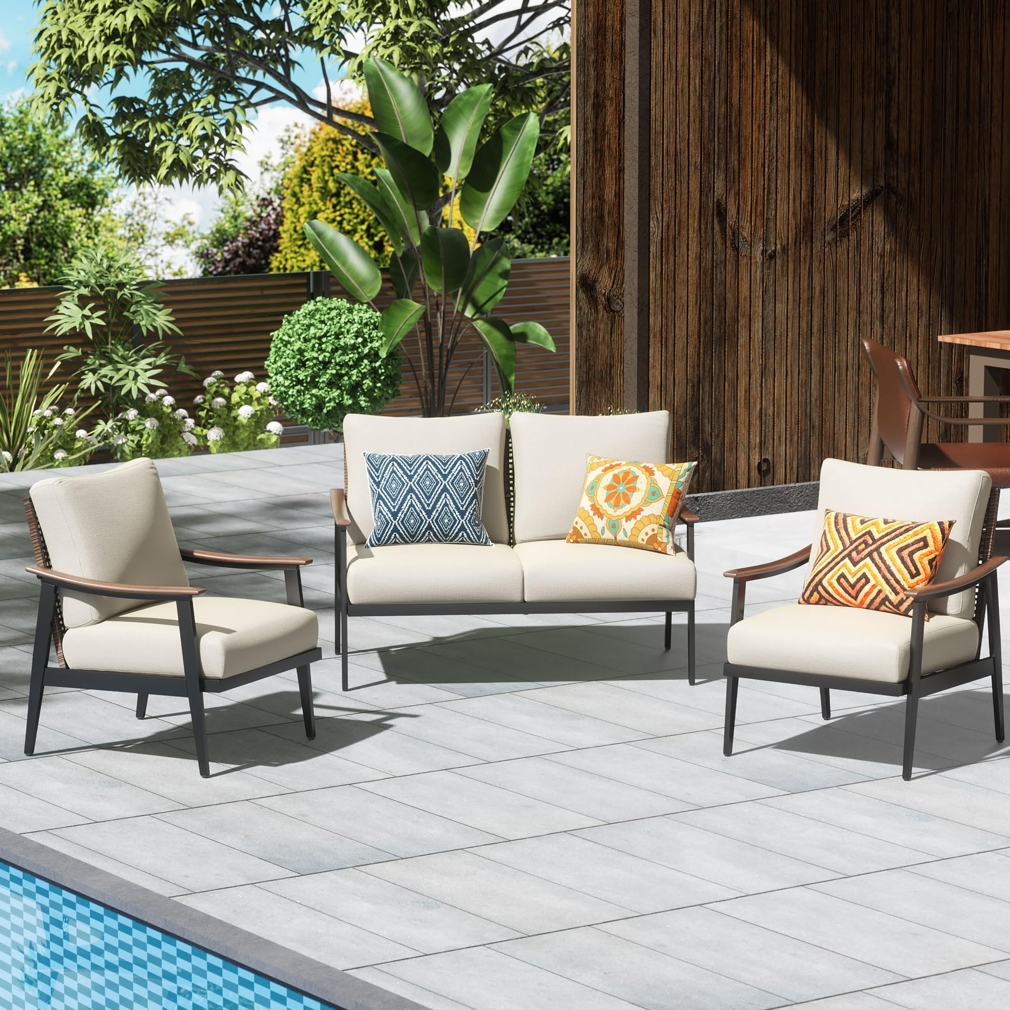NATURAL EXPRESSIONS 3 Pieces Patio Furniture Set, Outdoor Furniture Sofa Sectional Modern Metal Patio Conversation Set with High Back Wicker Backrest & Loveseat for Balcony, Backyard, Deck, Porch