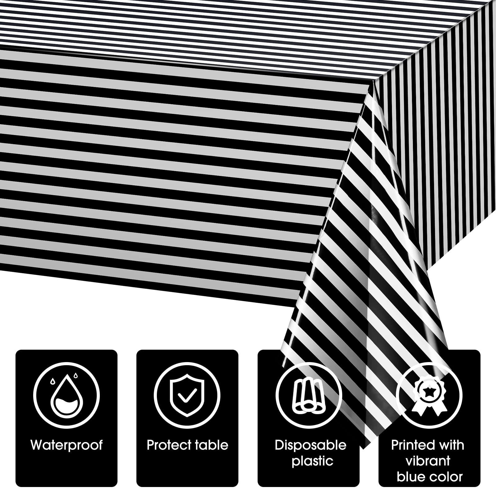 6 Pieces Plastic Black and White Stripe Tablecloth, 54 x 108 Inch Geometric Stripe Waterproof Table Cover, Disposable Rectangle Table Cloth for Kitchen Dining Room Holiday Party Picnic Decoration