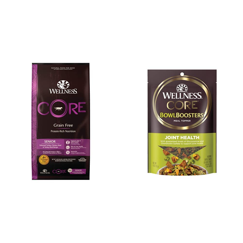 Wellness CORE Natural Grain Free Senior Dry Dog Food, 24 Pound Bag CORE Bowl Boosters Joint Health Dog Food Topper