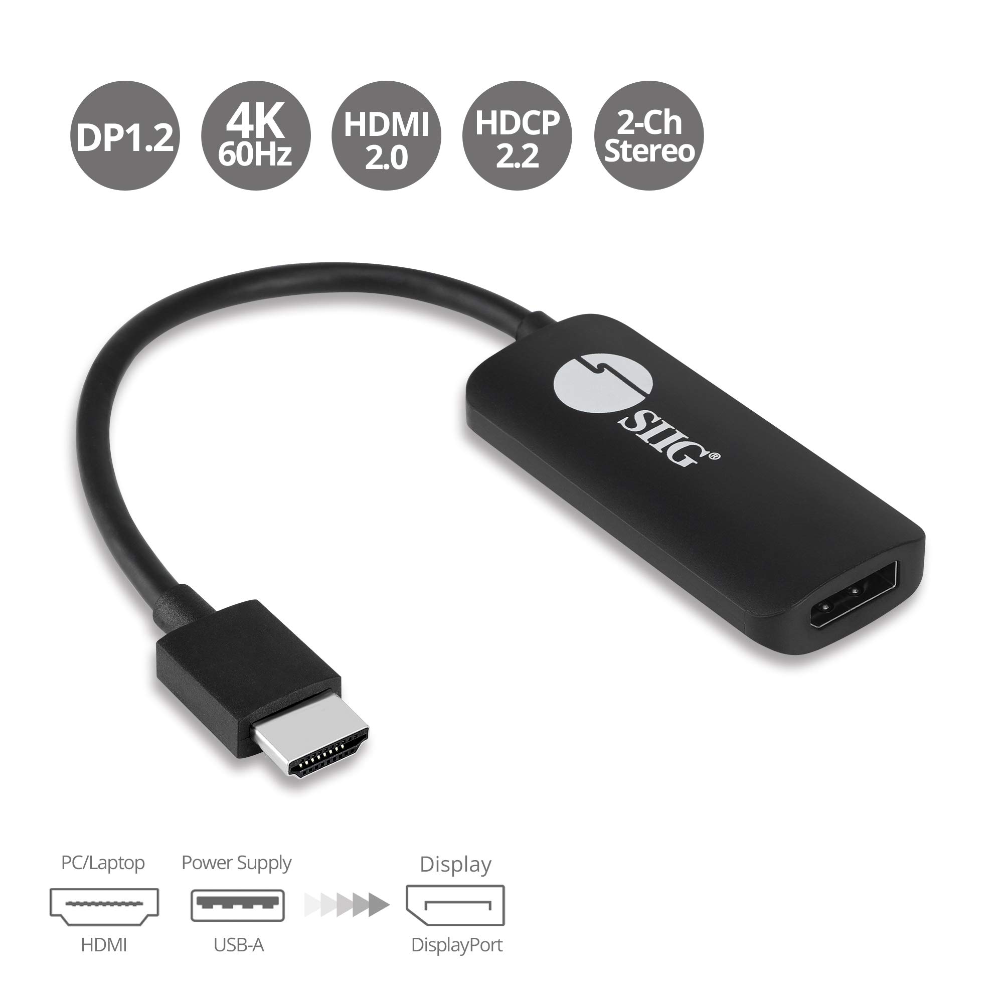 SIIG HDMI 2.0 to DisplayPort 1.2 4K@60Hz Converter Adapter, HDCP 2.2, Stereo Audio, USB-Powered, Not Compatible with Apple Studio Display (CB-H21811-S1)
