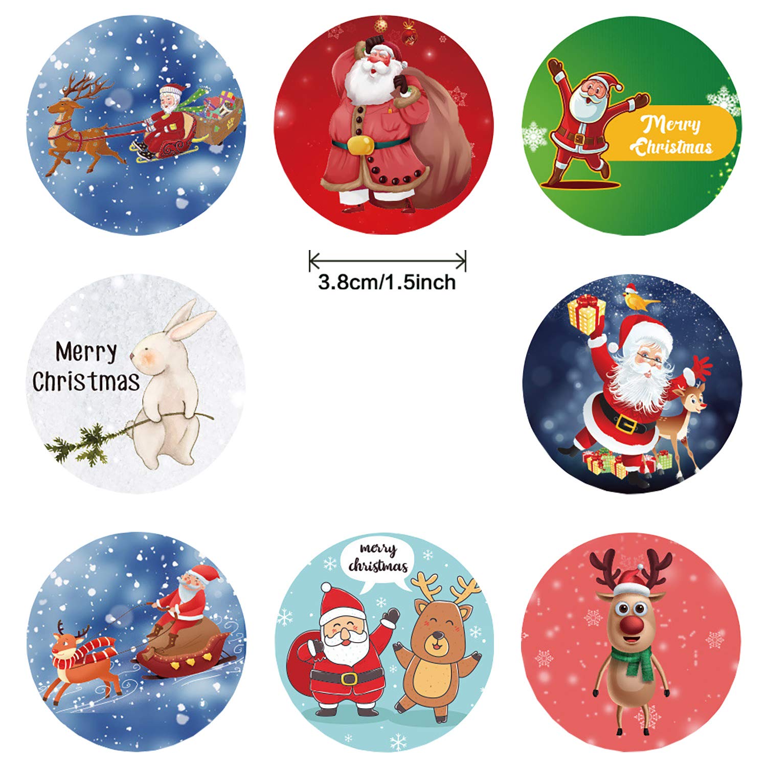 500pcs Christmas Stickers Roll - 1.5" Santa Claus Elk Merry Christmas Round Labels for Envelopes Gift Bags Wrapping Holiday Decoration (A)