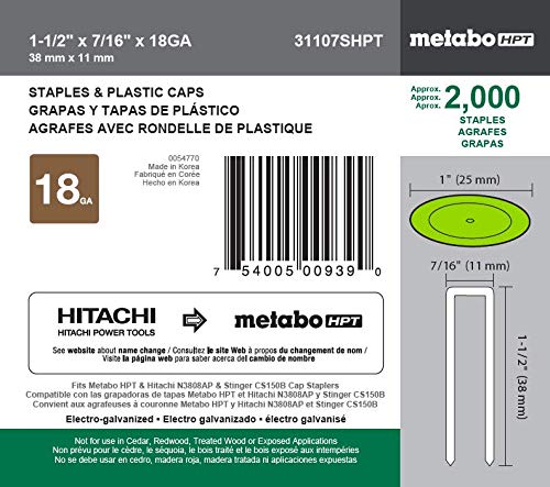 Metabo HPT 18 Ga Galvanized Cap Staples 7/16" Crown 1-1/2" x 18Ga EG Staple & Plastic Cap | 2000 Count (31107SHPT)
