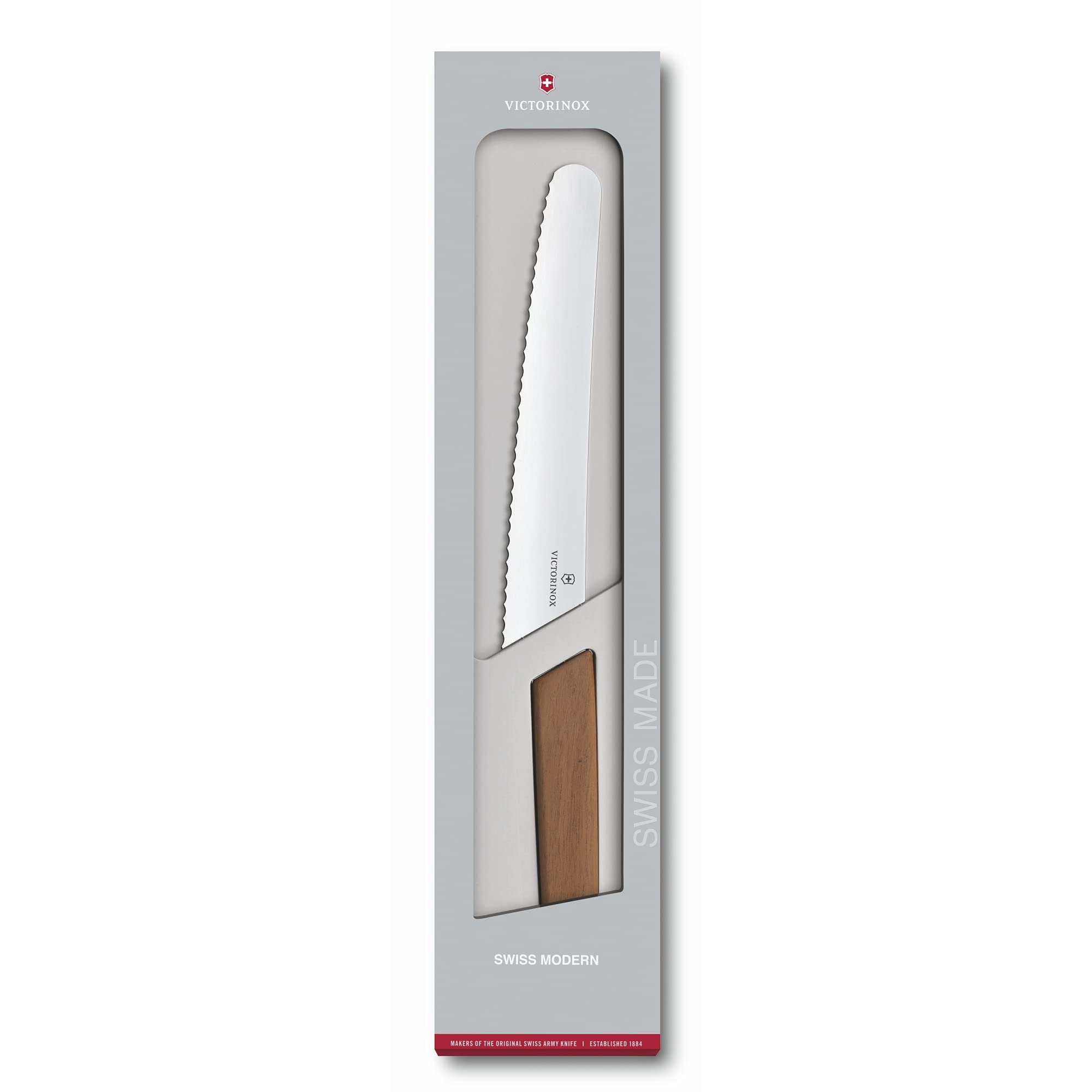 Victorinox Swiss Modern Bread & Pastry Knife - Serrated Bread Knife for Kitchen Accessories - Sharp Kitchen Knife for Cutting Sandwiches, Vegetables & More - Wavy Edge, Walnut Wood Handle, 8.5"