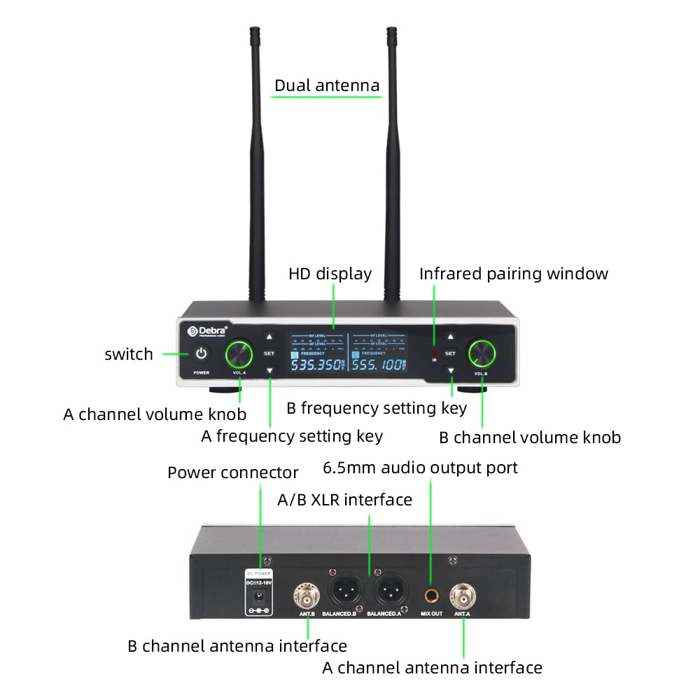 D Debra Audio R202 UHF Wireless Handheld Microphone System, 2x100 Channels Metal Dual Professional Cordless Dynamic Mic for Home Karaoke DJ Meeting Party Church, 320FT