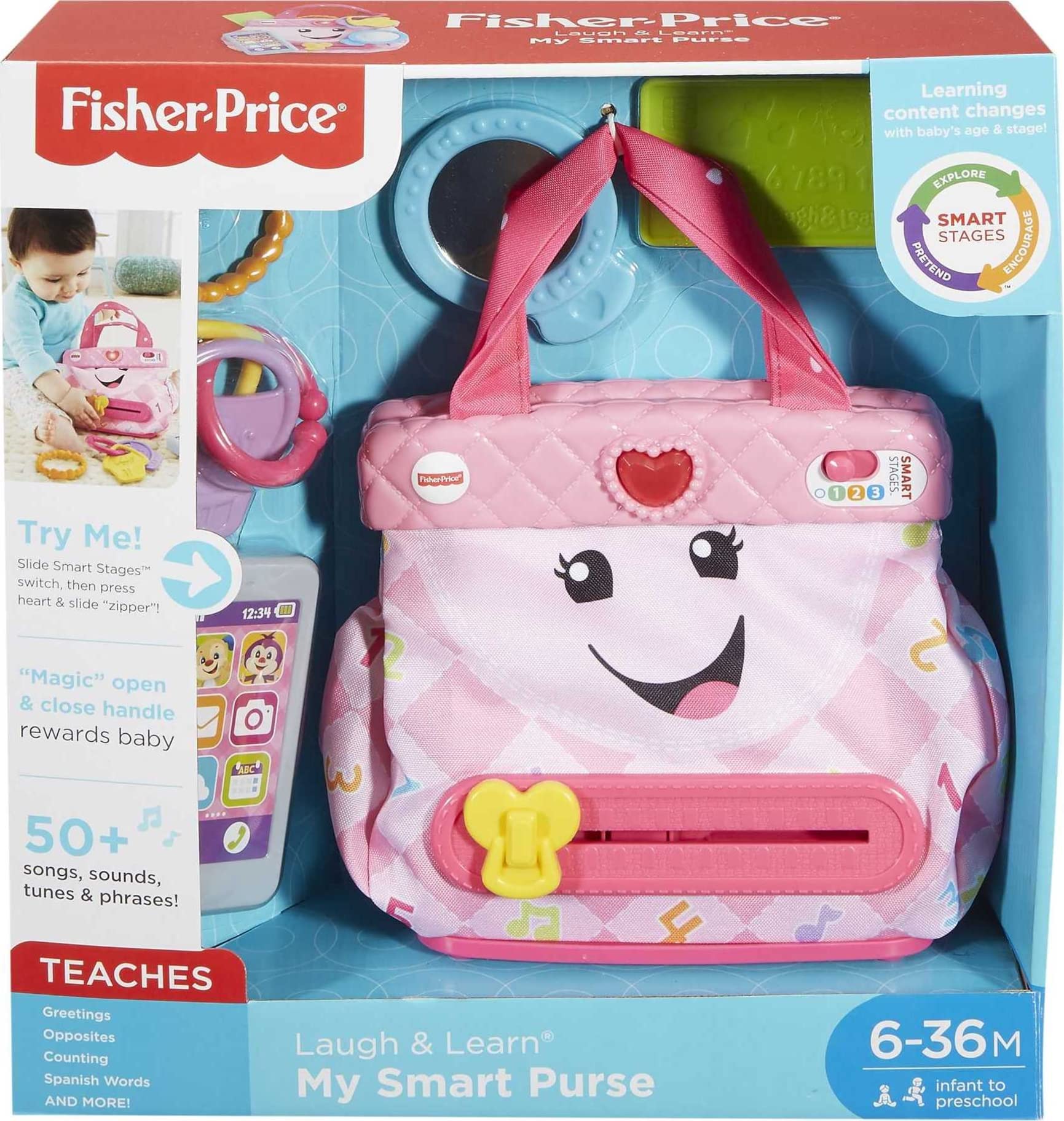 Fisher-Price Smart Purse Learning Toy with Lights Music and Smart Stages Educational Content for Babies and Toddlers, Pink