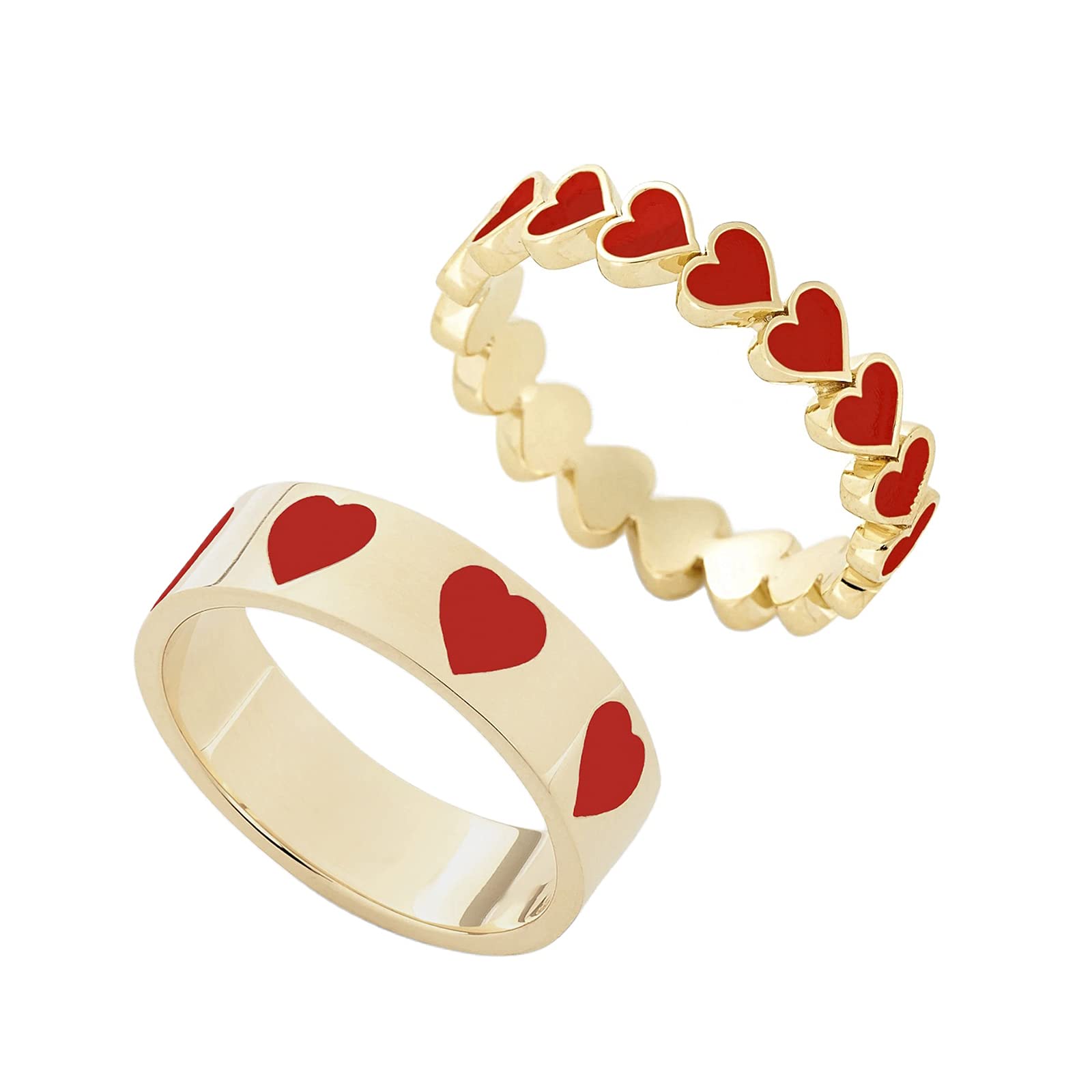 2PCS Colorful Heart Ring Gold Band Rings Set Cute Enamel Stackable Finger Rings Wedding Birthday Engagement Love Promise Ring Valentine's Day-Red