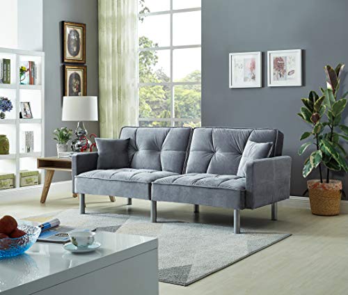 Legend Furniture Velvet Sofa Bed Sleeper with Pillow Sofabed, Grey
