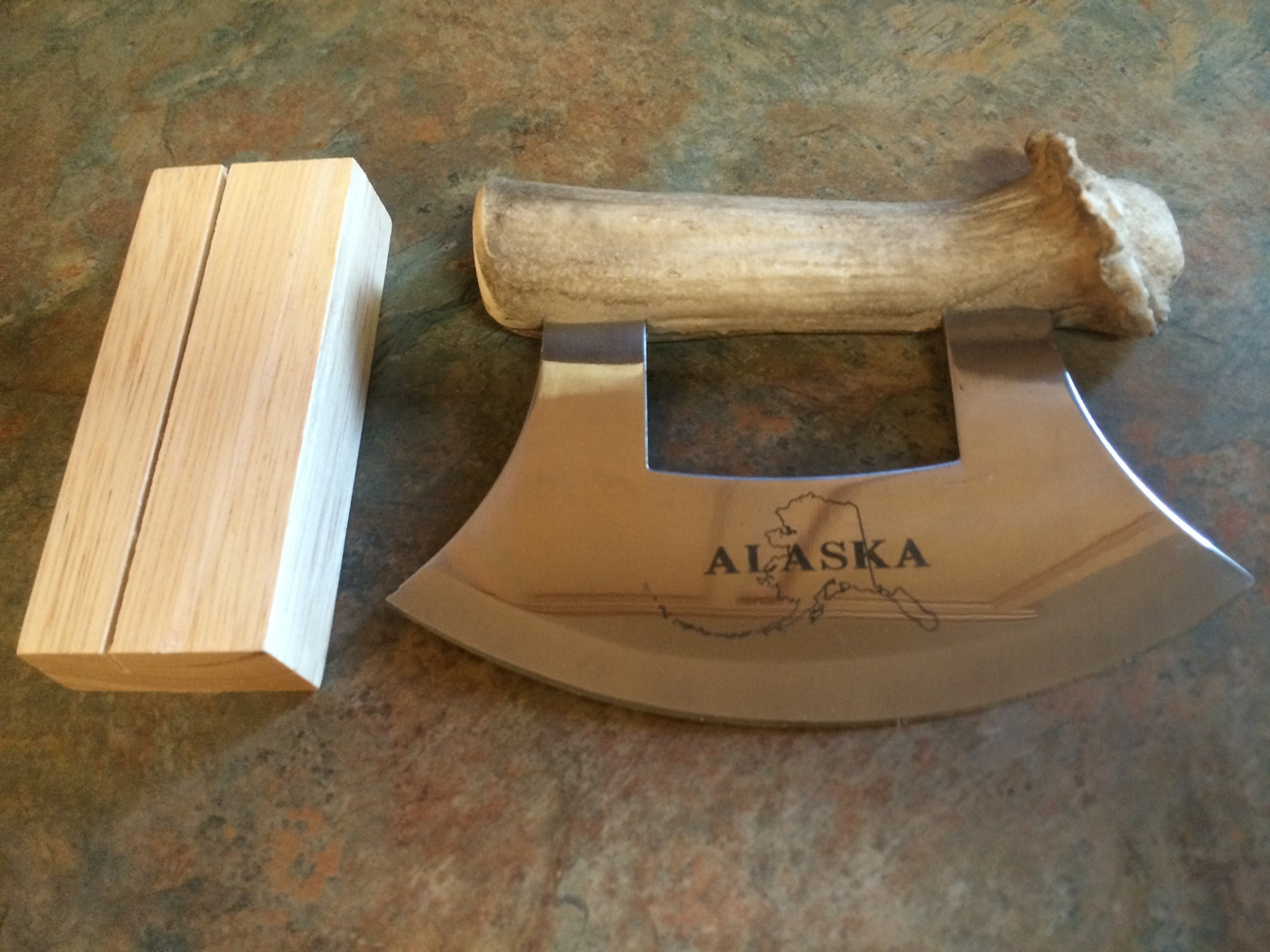 Alaskan Cultured Antler Ulu Knife and Stand