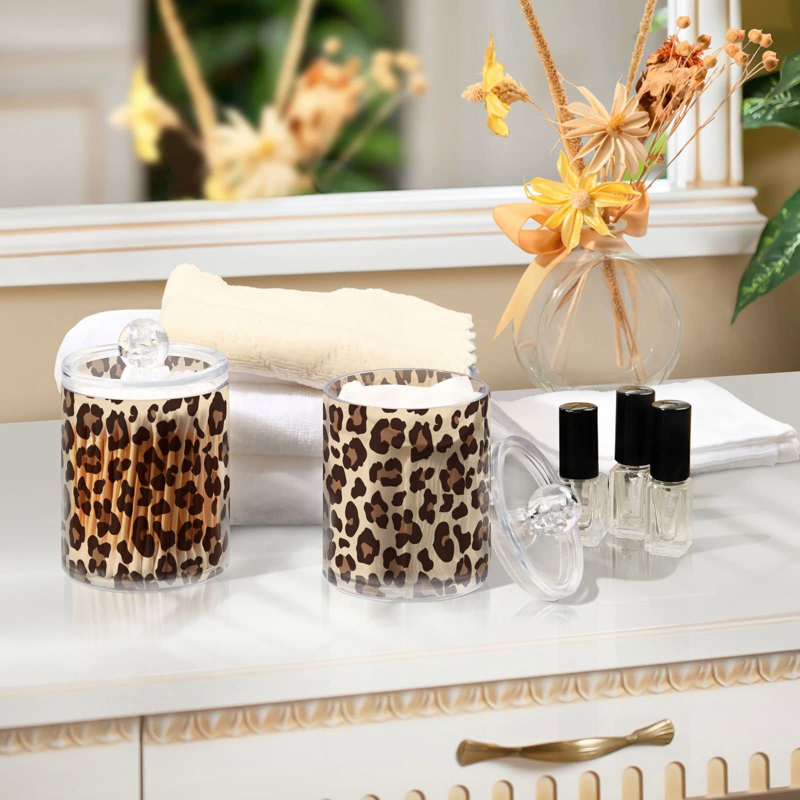 ALAZA 4 Pack Qtip Holder Dispenser Leopard Print Cheetah Cotton Ball Cotton Swab Cotton Round Pads Floss Clear Bathroom Storage Containers Plastic Apothecary Jars with Lids