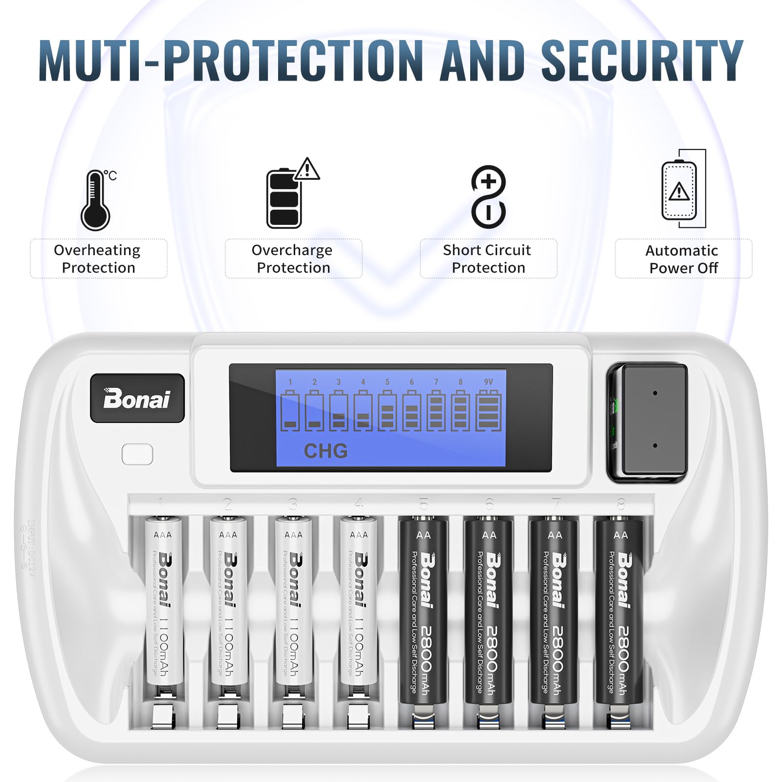 BONAI 8+1 Bay AA AAA Battery Charger with LCD Display for AA AAA NiMH NiCd & 9V Rechargeable Batteries Independent Control and Standard American AC Charging Plug