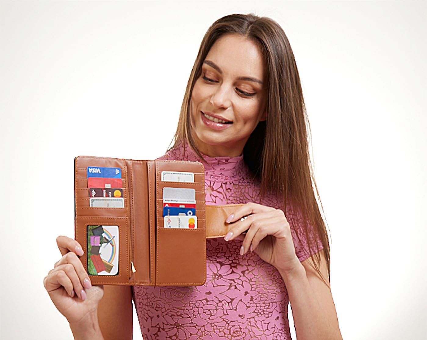 DA Women's RFID Blocking designer Leather Wallet Large Phone Holder Clutch Travel Purse Wristlet wallets for women (Tan & Beige)