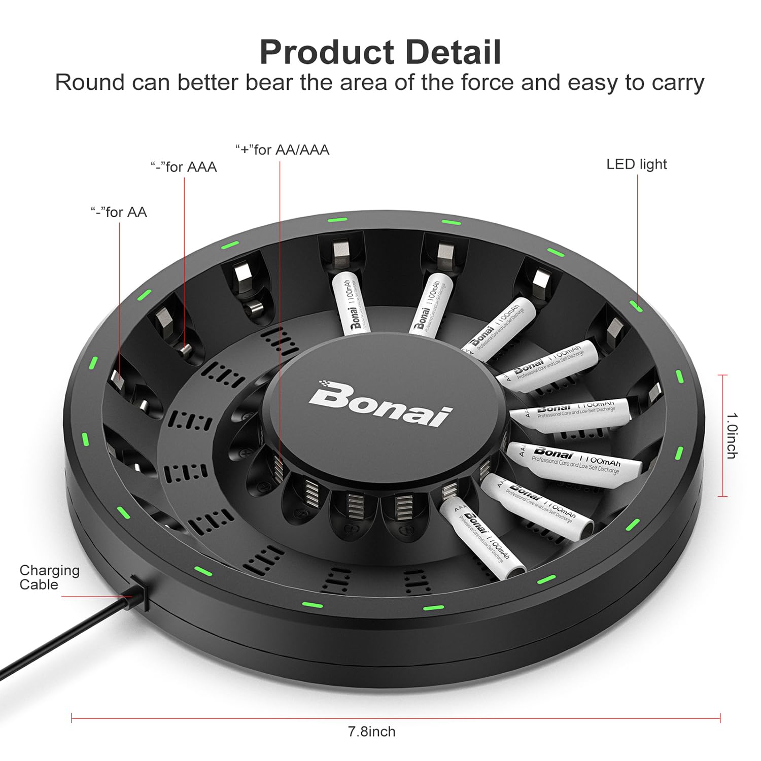BONAI AA AAA Rechargeable Battery Charger for NiMH NiCD Batteries with AC High-Speed Plug Cable and Smart LED Light